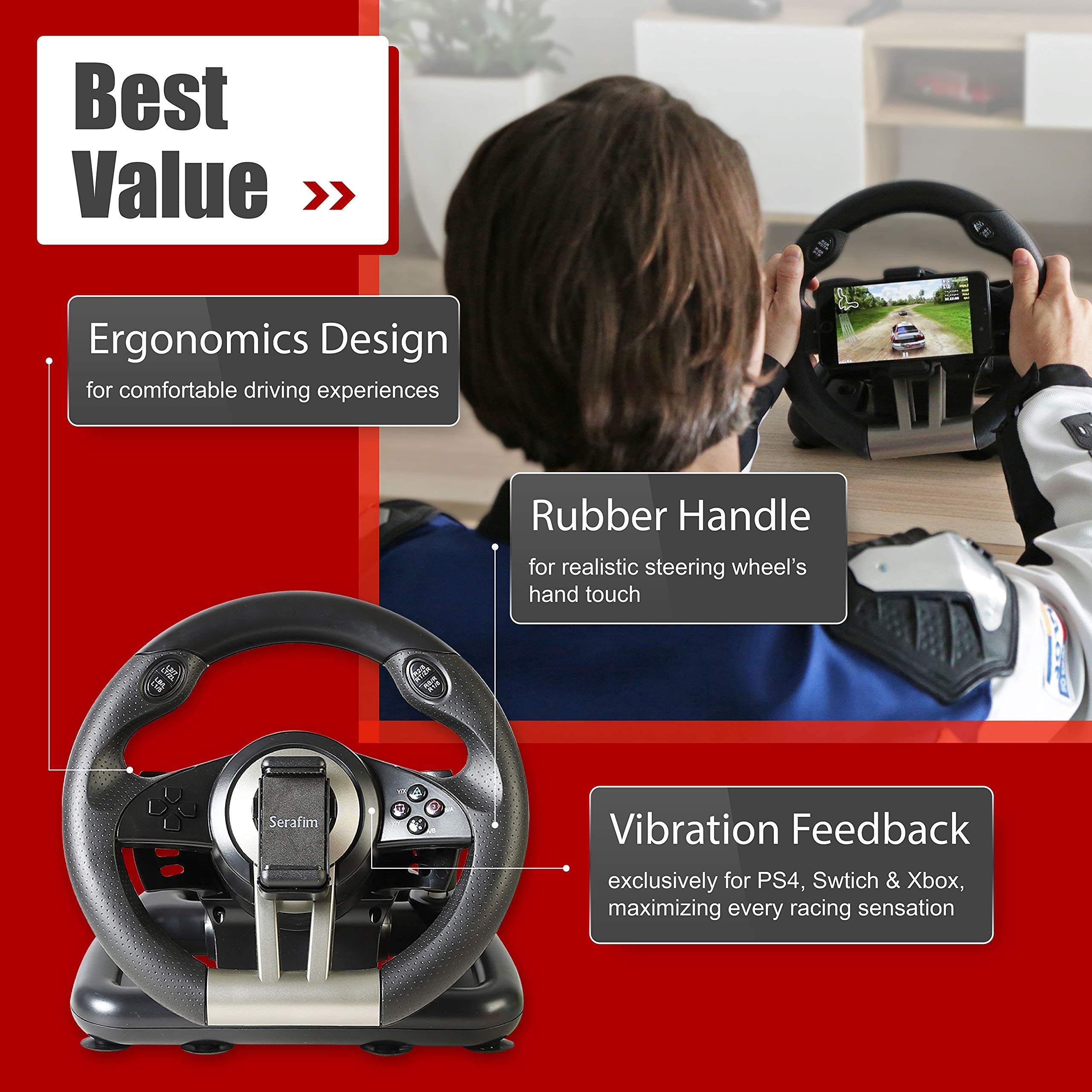 Serafim R1+ Racing Wheel 2021 Ver. - Steering Wheel with Sensitive Pedal – fully supports : XBOX ONE, XBOX Series X&S, PS4, PS3, Switch, PC, iOS, Android - Xbox One Steering Wheel, PS4 Steering Wheel, PC Gaming Wheel