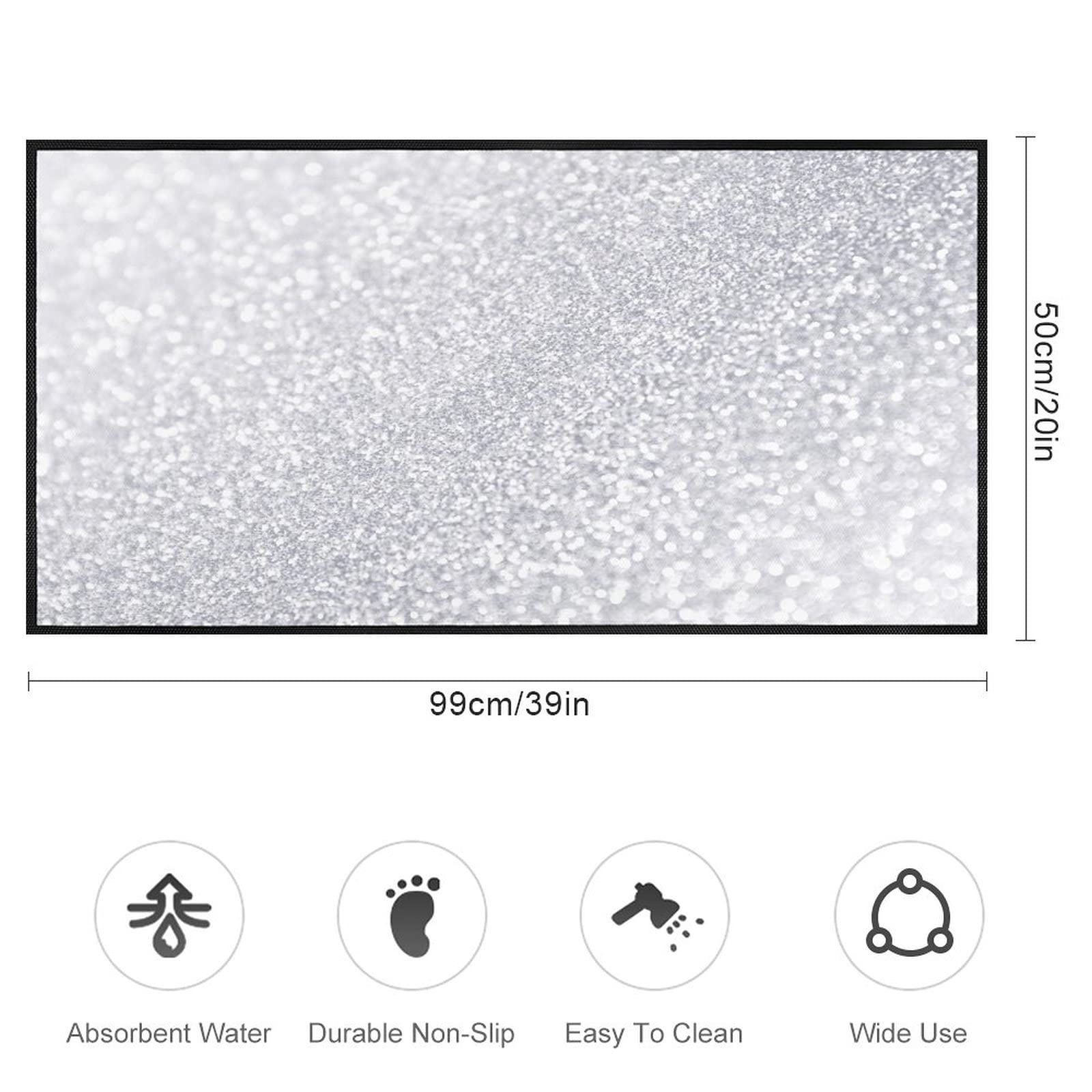 TsyTma Silver Glitter Bling Kitchen Rug Non-Slip Decor Absorbent Kitchen Floor Mat Bathroom Rug Waterproof Runner Rug 39"x20"