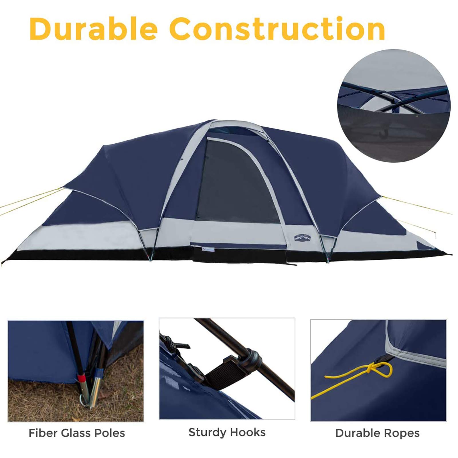 Pacific Pass 8 Person Dome Tent w/ Removable Rain Fly and Room Dividers, Water Resistant - Navy/Gray