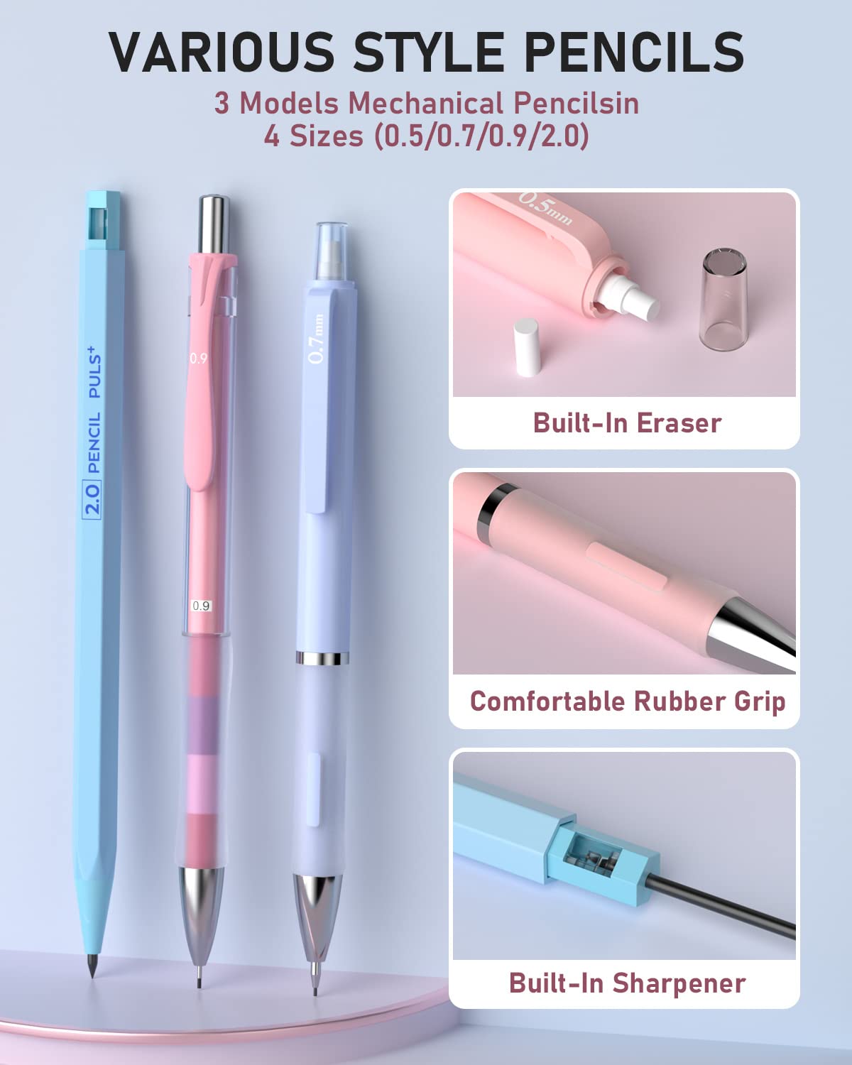 Nicpro 45PCS Aesthetic School Supplies with Big Capacity Pen Case, Pastel Mechanical Pencils 0.5, 0.7, 0.9, 2mm with 24 Tube Lead Refills(4B 2B HB 2H 4H COLORS) Erasers For Student Writing Drawing