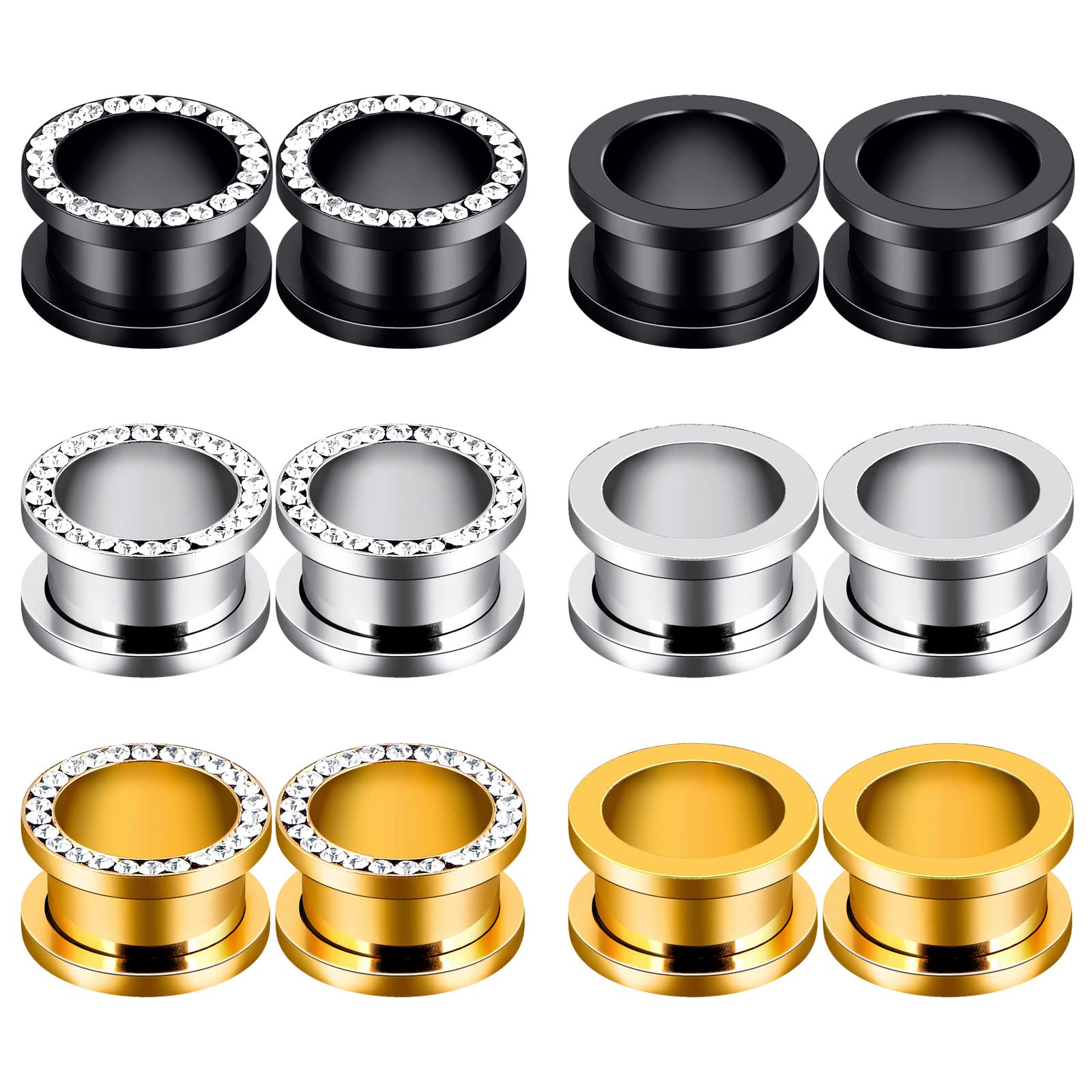 Qmcandy 12pcs Cubic Zirconia Double Flared Screw Plugs Tunnel Ear Expander Stretcher Piercing Ear Gauges 00g