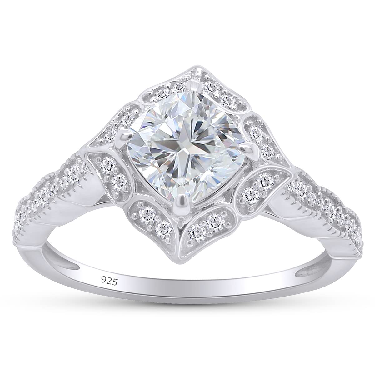 SAVEARTH DIAMONDS Vintage Floral Design, Center 6X6MM Cushion Cut Lab Created Moissanite Engagement Wedding Ring 14k White Gold Over Sterling Silver Jewelry For Women Gifts For Her (1 Cttw) Size-10