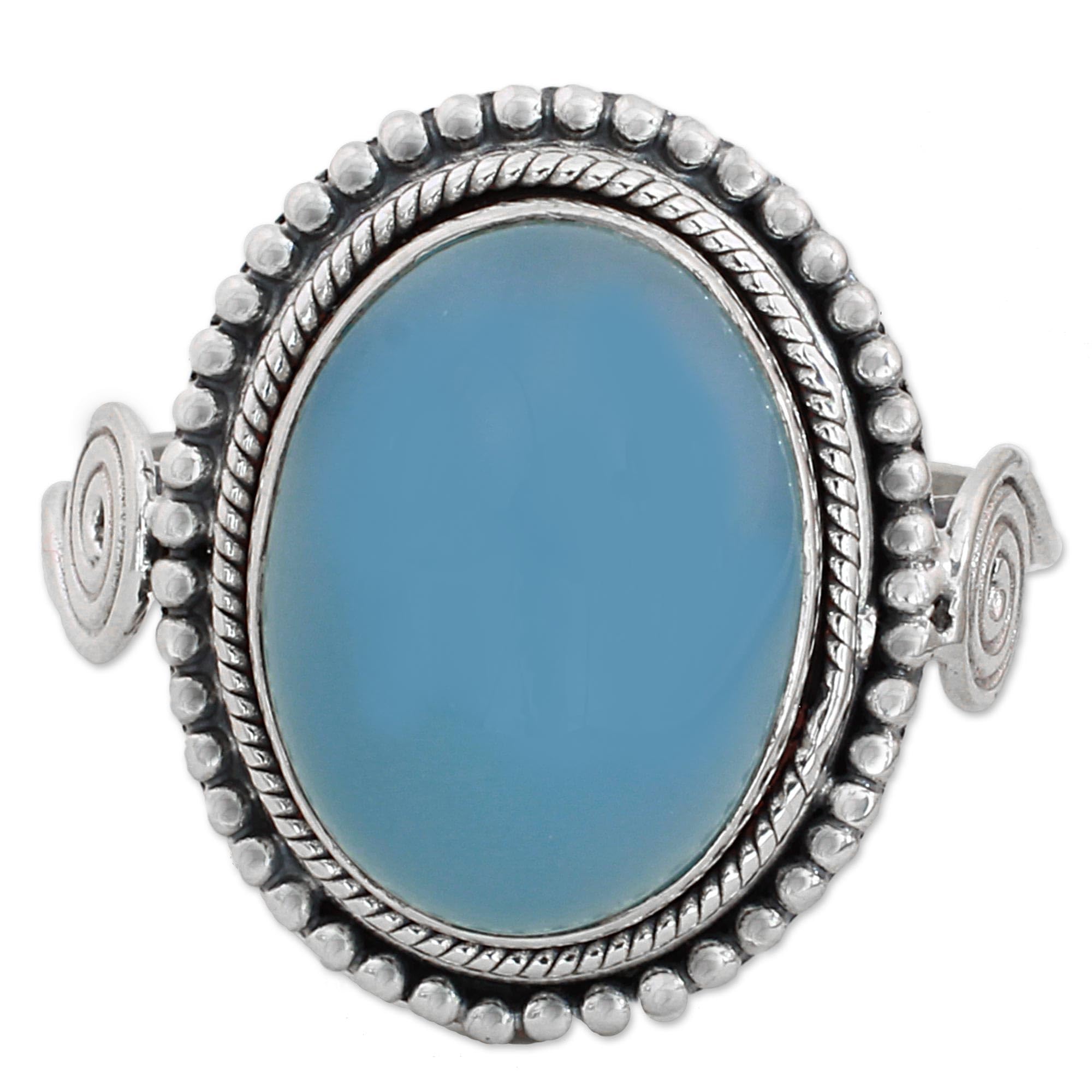 NOVICA Artisan Handmade Chalcedony Cocktail Ring Blue .925 Sterling Silver from India 'Sky Reverie'