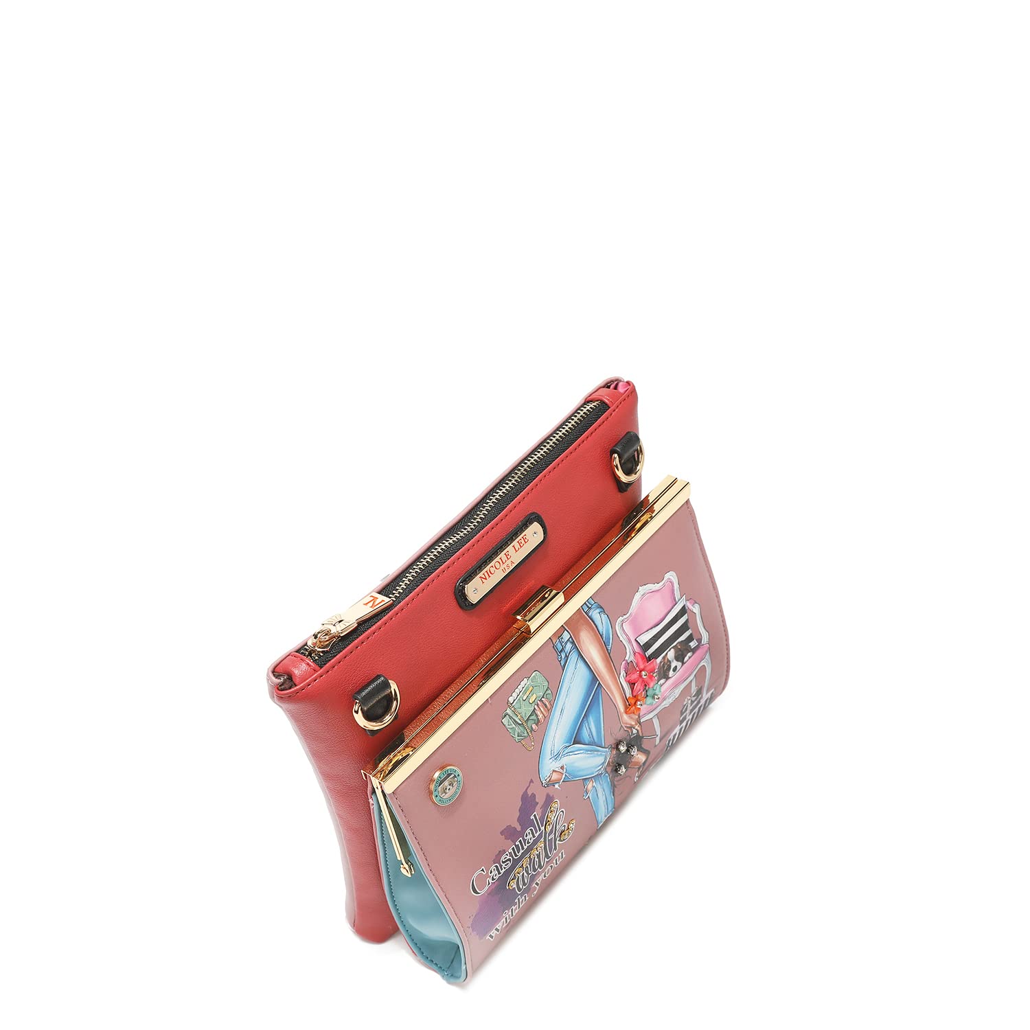 Nicole Lee Casual Walk Medium Crossbody, 2 Compartments, Pink Fashion Dog Print with Embellishments, Optional Strap