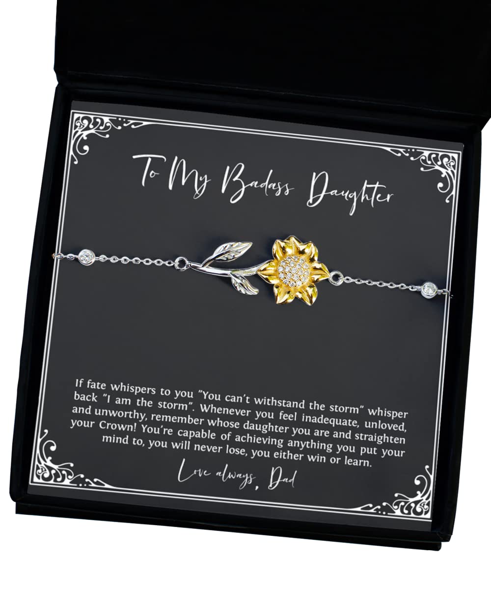 To My Badass Daughter Bracelet From Dad, 925 Sterling Silver Bracelet with 14k Gold Sunflower Charm, Daughter Gift from Dad, Gifts for Daughters from Dad, Birthday Present for Teen Girls
