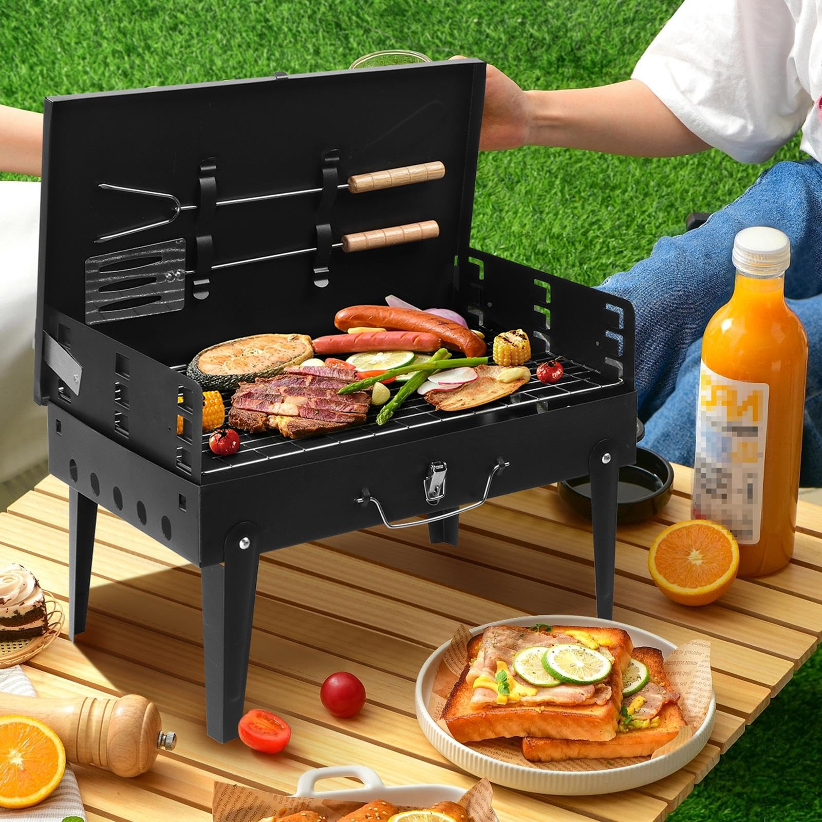 Portable Foldable Charcoal Grill,Small BBQ Grill Suitcase Square Covered Smoker Grill With Folding Legs & Lid,Lightweight Metal Outdoor Cooking Grill for Camping,Tailgating,Picnics,Black