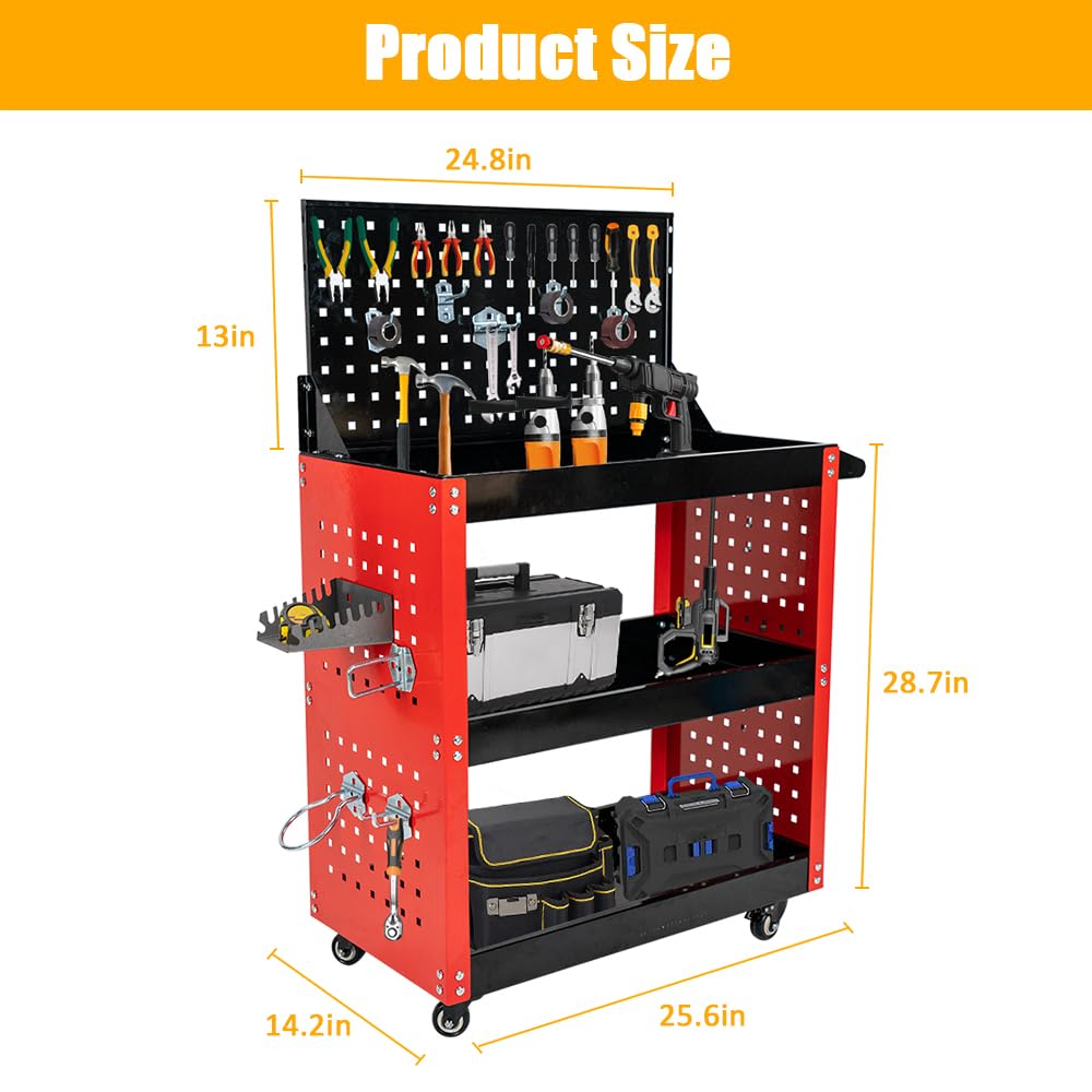 Yeeoy 3 Tier Rolling Tool Cart, Heavy Duty Mechanic Tool Storage Cart with Hooks & Wheels, 660lbs Load Capacity Tool Organizer Side Pegboard kit for Garage Warehouse Repair Shop