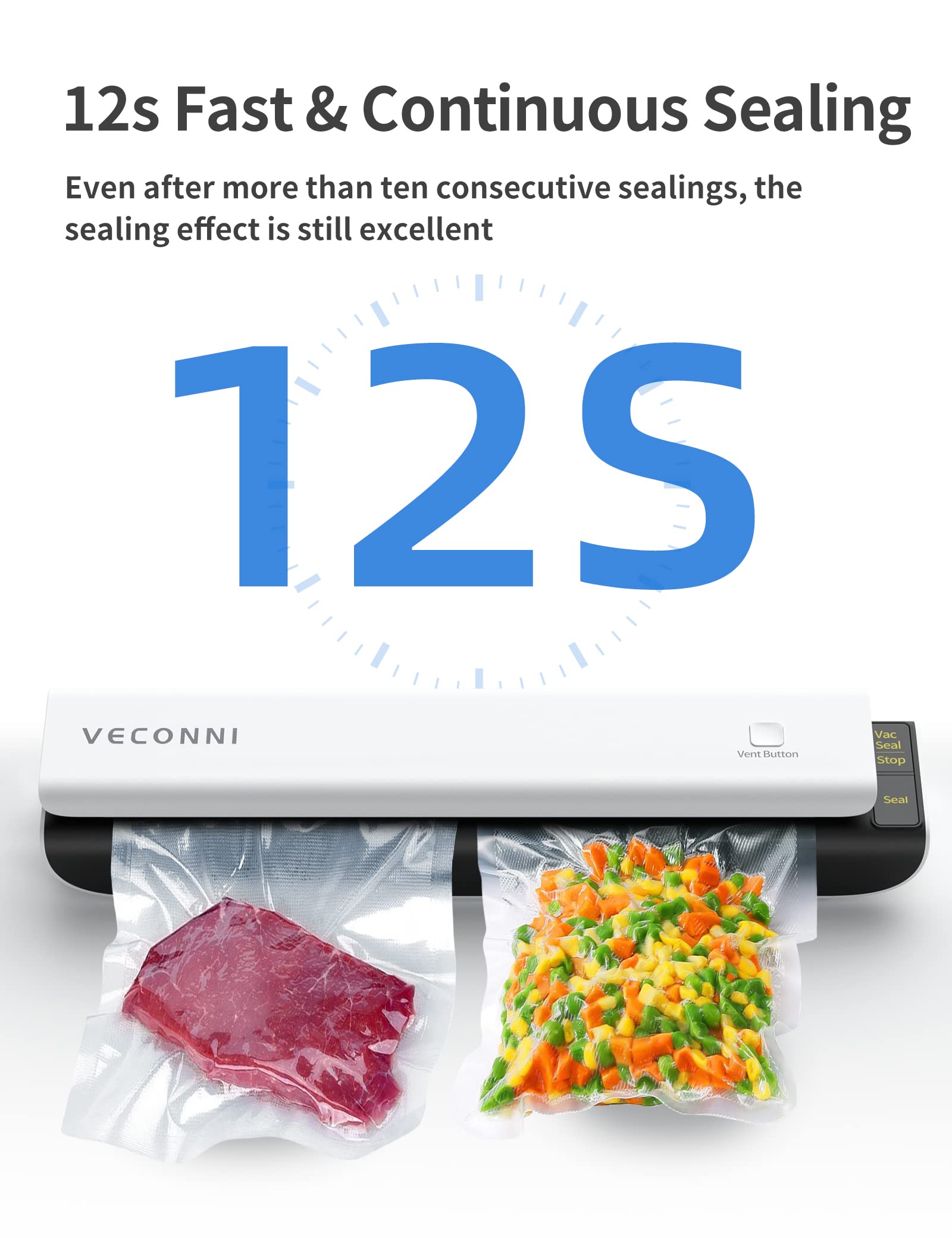 VECONNI Vacuum Sealer Machine, Automatic Vacuum Sealers for Food Storage, 12s Fast & Continuous Sealing, Smart Heating Strip & Pump, 10 Bags Included, 15.5x3.2x2.4 inches, VS20