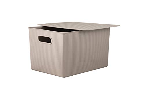 Superio Ribbed Collection - Decorative Plastic Lidded Home Storage Bins Organizer Baskets, X-Large Taupe (1 Pack - 22 Liter) Stackable Container Box, for Organizing Closet Shelves Drawer Shelf