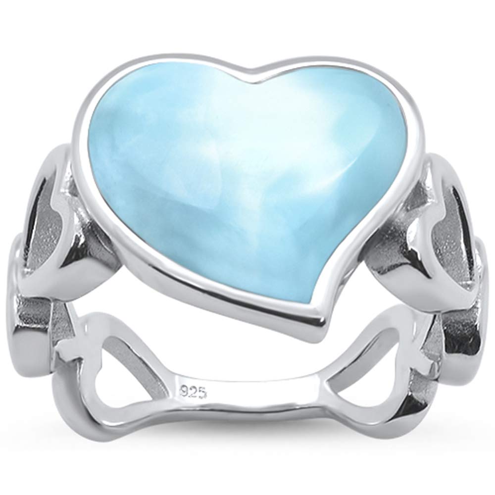 Oxford Diamond Co Sterling Silver Natural Larimar Heart Shape Band Ring Sizes 8