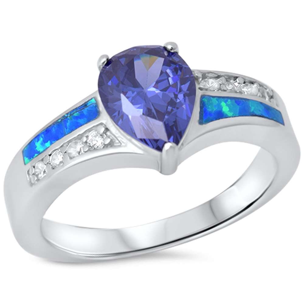 Oxford Diamond Co Pear Simulated Tanzanite, Lab Created Blue Opal & Cz .925 Sterling Silver Ring Sizes 5-10 (10)