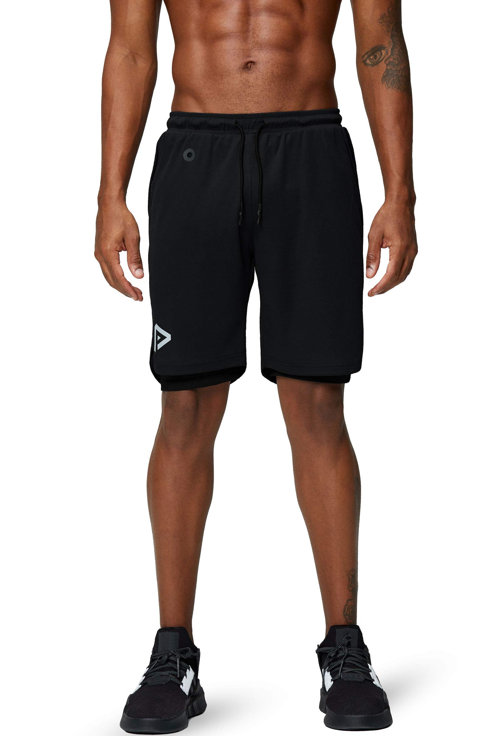 Pinkbomb Men's 2 in 1 Running Shorts Gym Workout Quick Dry Mens Shorts with Phone Pocket (Black, Large)