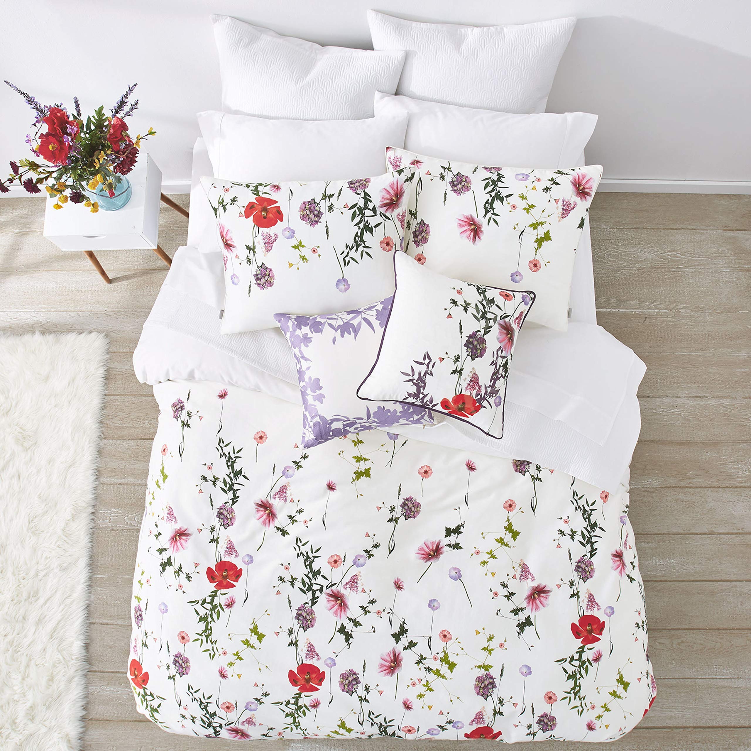 Ted Baker Hedgerow Cotton 2 Piece Duvet Set with Shams, Twin, Floral White/Red/Green