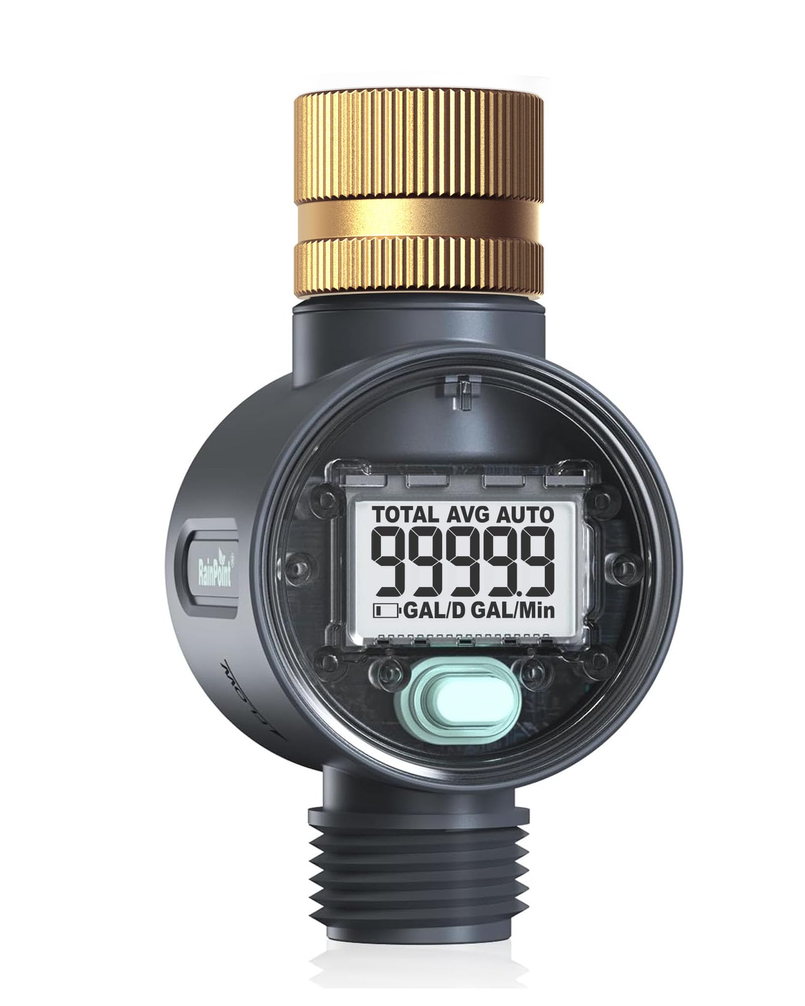 RAINPOINT Water Flow Meter with Brass Inlet, Water Meter for Garden Hose Watering, Lawn Sprinkler, RV Water Tank Filling, Track Water Usage & Flow Rate, IPX6 Waterproof, ±3% Accuracy, Gallon/Liter