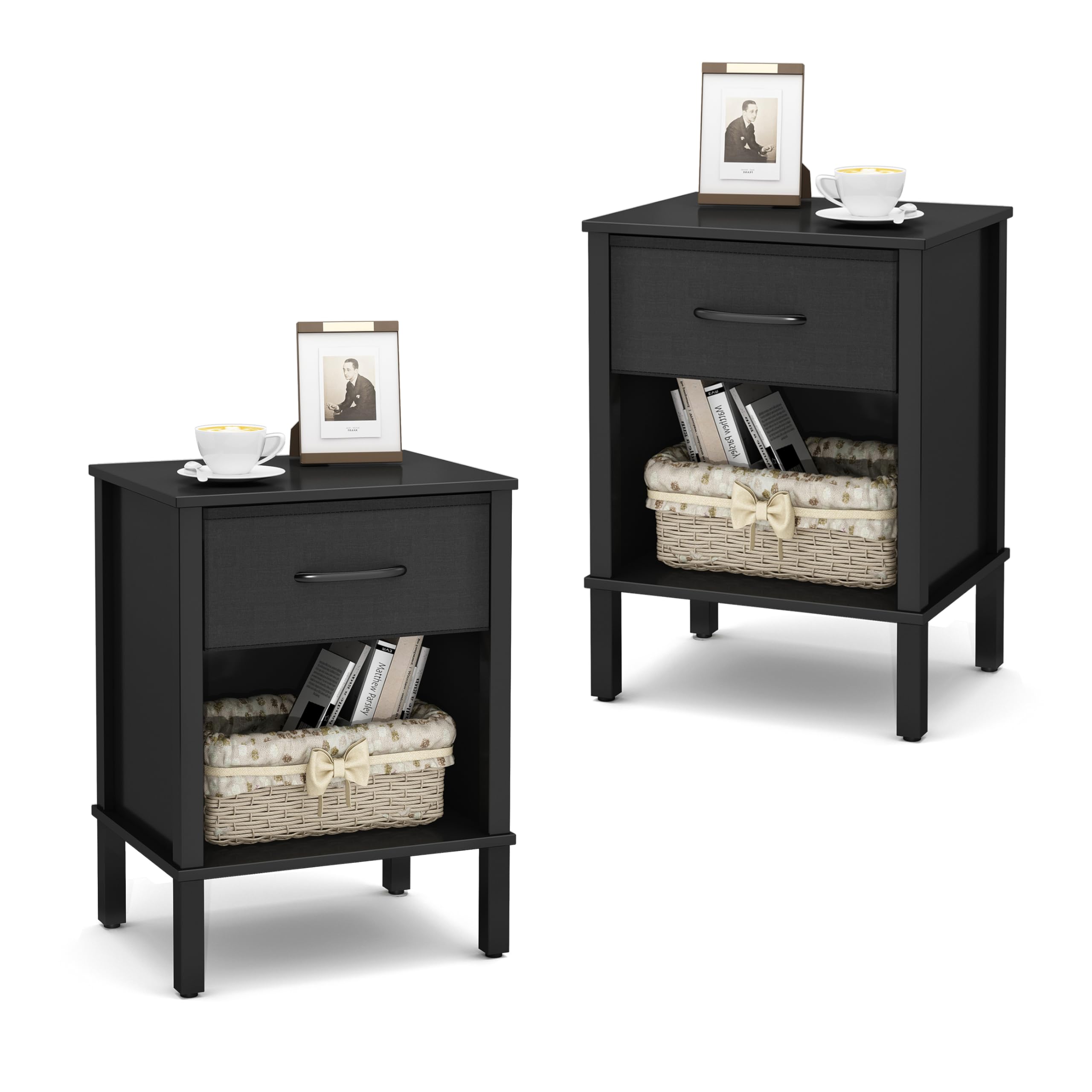 Nightstand Set of 2, End Table with Drawers, Bed Side Table, End Table, Modern Nightstand for Living Room, Black CTG68BB-2