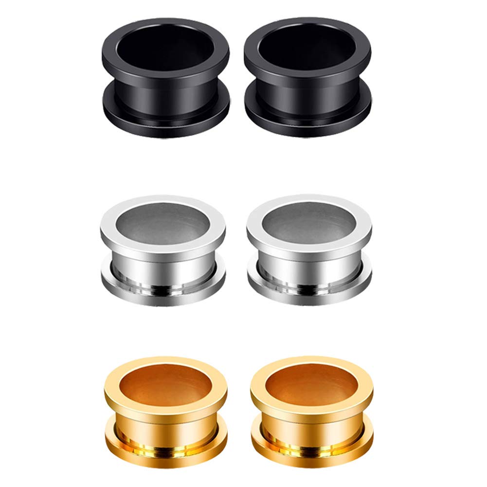 Oyaface 6 Pcs Stainless Steel Ear Tunnels Gauges Double Flare Screwed Earrings Expander Stretchers Piercing Body Jewelry, Black/Silver/Gold, 12mm