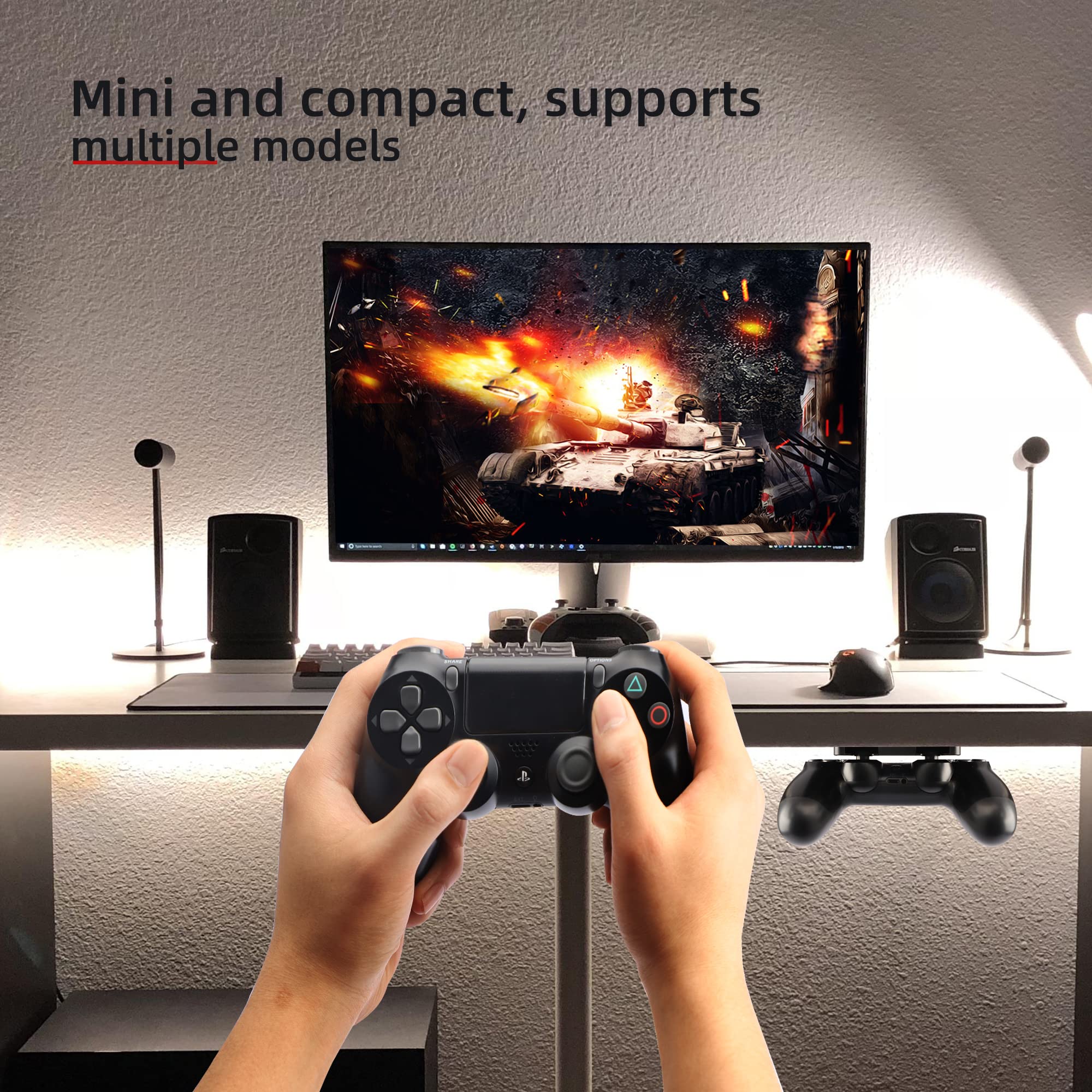 Xahpower 2 Pack Under Desk Mount Holder for PS5/PS4/PS3/PS2 Controller, Game Controller Table Storage Rack Stand with Strong Adhesive Tape, Space-Saving, No-Hole Needed
