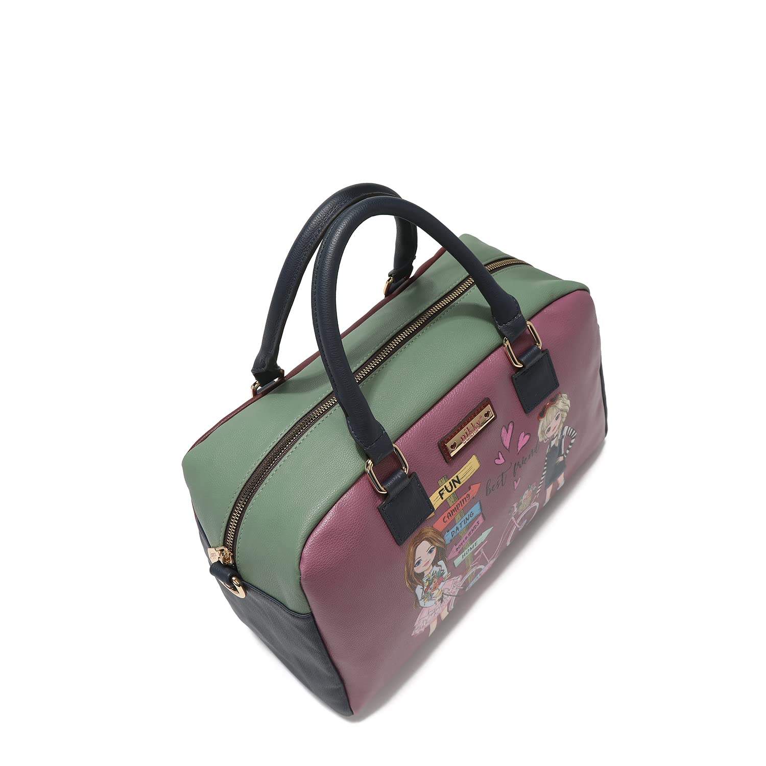 Nicole Lee Nikky Twins Boston Bag, Medium Vegan Leather Handbag with BFF Fashion Print