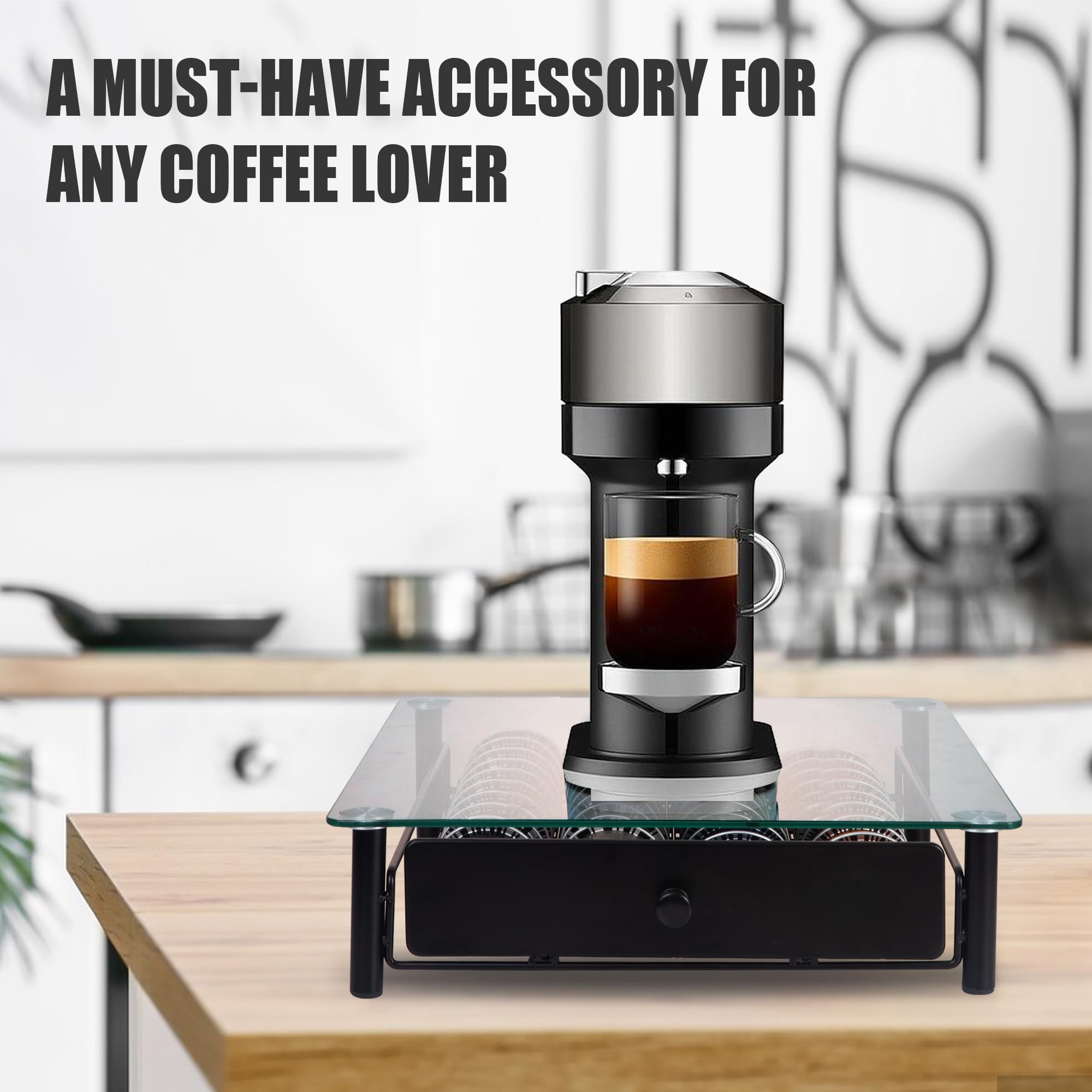 Tempered Glass Coffee Pod Drawer,Nespresso Vertuo Pod Holder Drawer for 40(1.35/2.7 floz) Vertuoline Pod, Nespresso Capsule Organizer Compatible with Vertuo Next Vertuo Plus,14.76"D x 12.99"W x 3.5"H