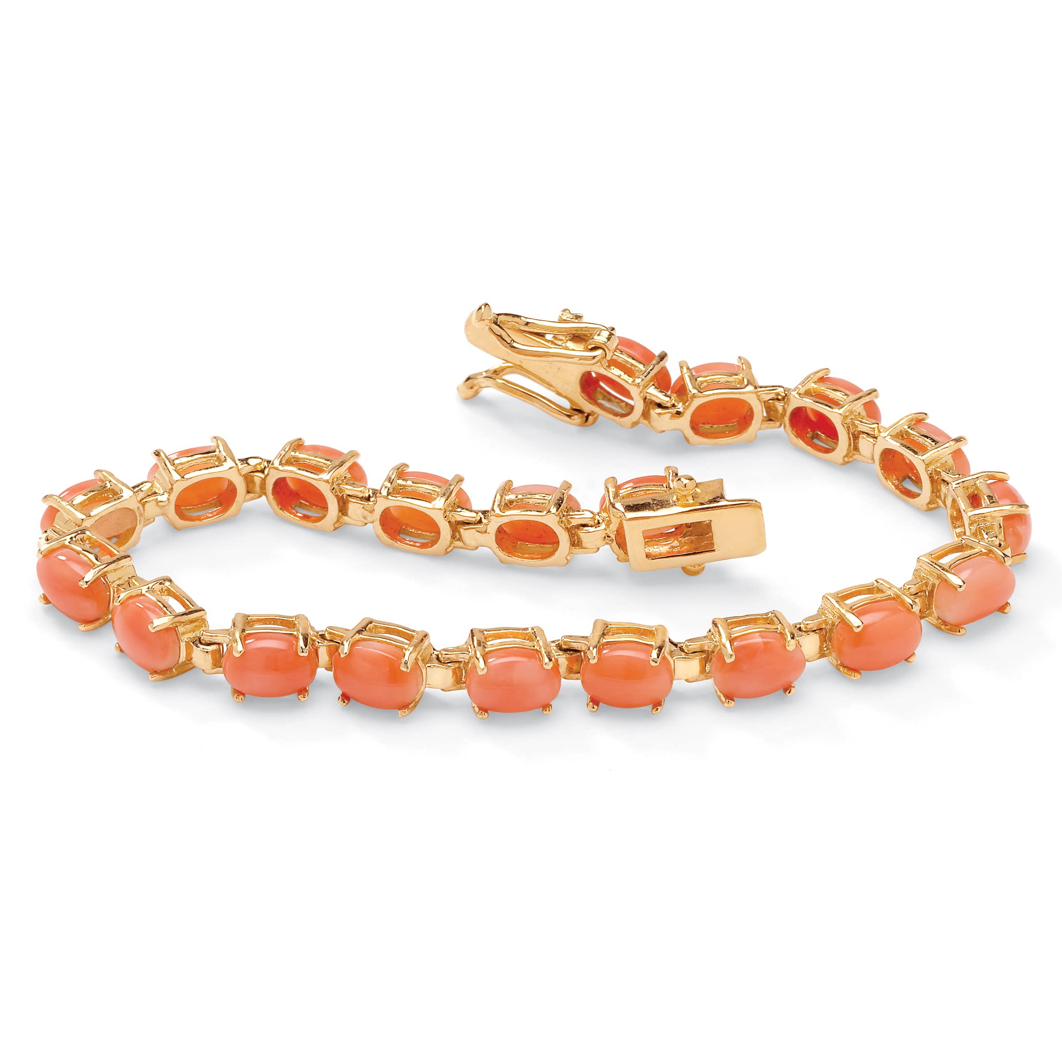 PalmBeach Yellow Gold-plated Oval Shaped Simulated Orange Coral, Tennis Bracelet (5mm), Hidden Box Clasp, 7.5 inches