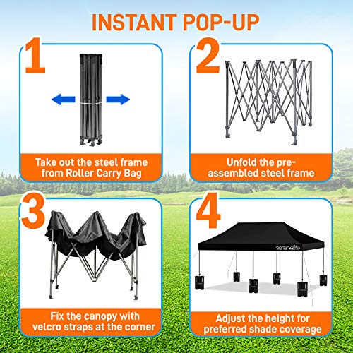 SereneLife Pop Up Tent Commercial Instant Shelter - Waterproof Polyester Tent with Portable Wheeled Carry Bag and Sand Bag, 10 x 20 ft. (Black)