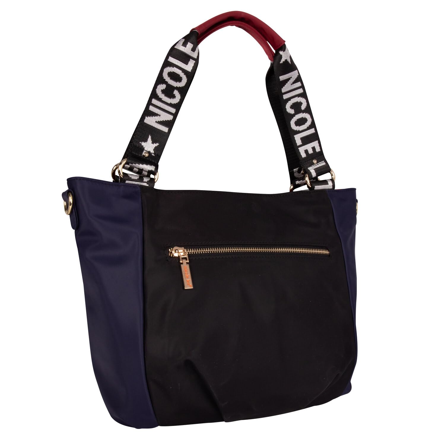 Nicole Lee Nylon Tonight For You Medium Handbag, Back Zip Pocket, Optional Crossbody Strap, Paris Evening Fashion Print, Navy Blue