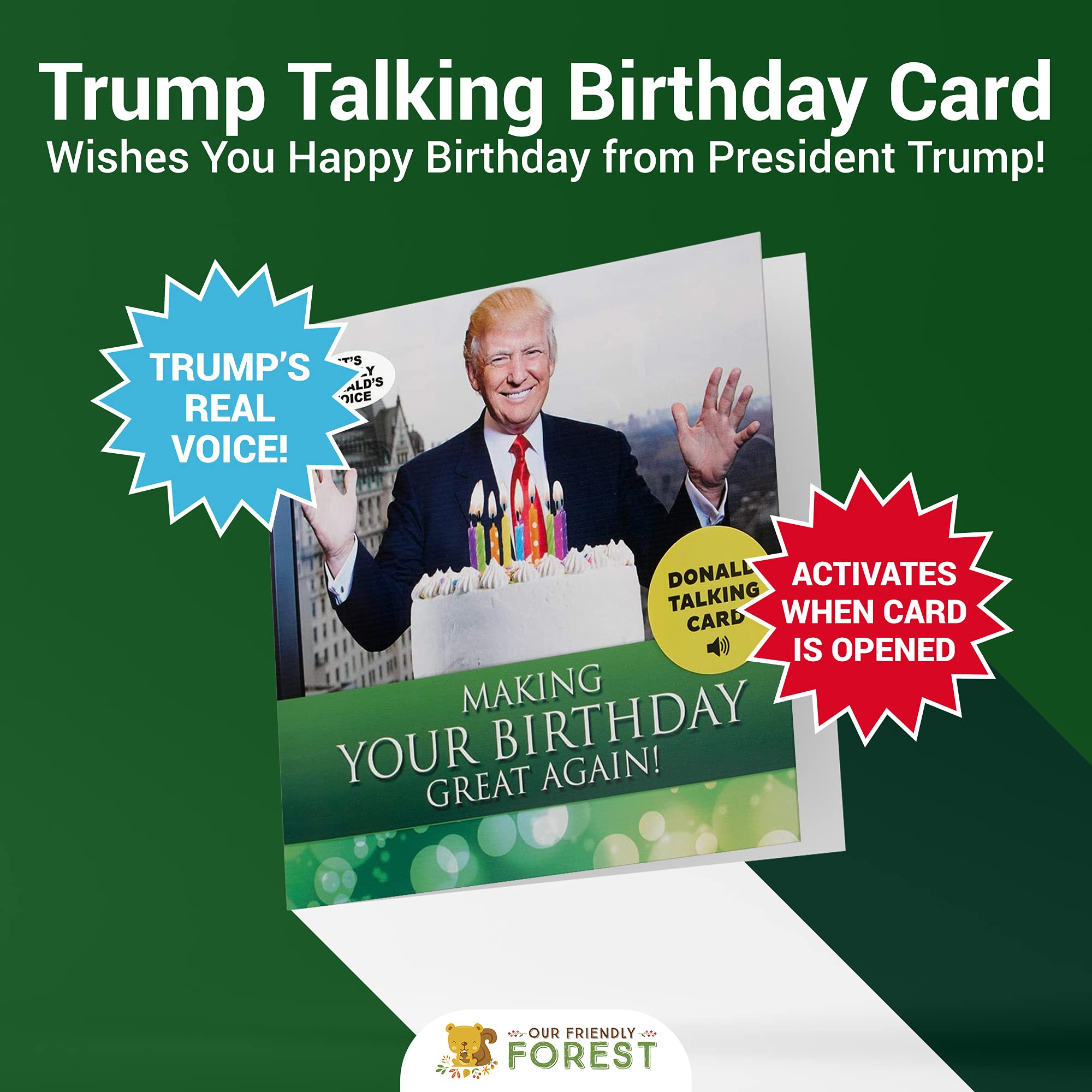 OUR FRIENDLY FOREST 2 Pack of Talking Trump Birthday Card & Donald Pop Up Anniversary Card with LIGHT & SOUND