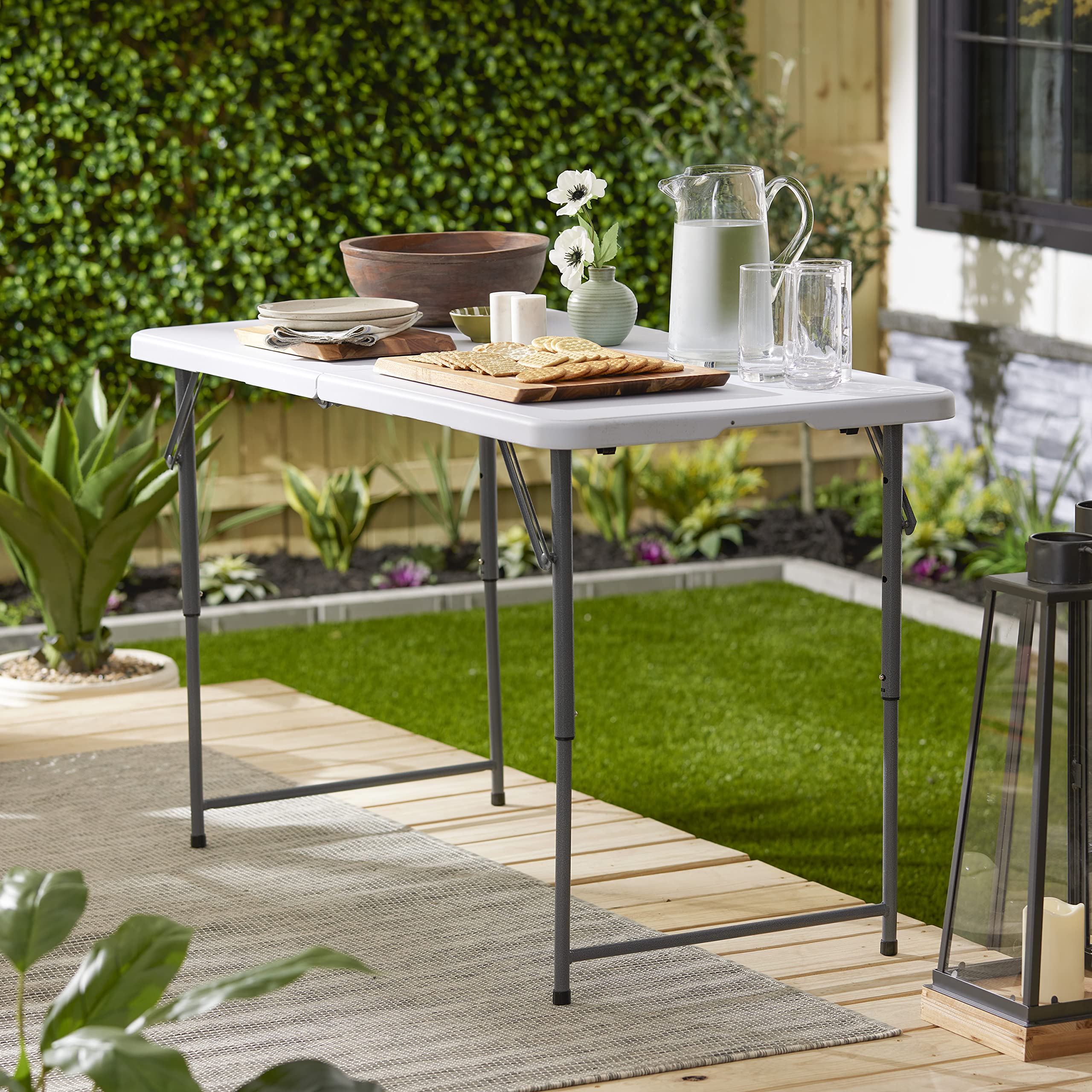 Plastic Development Group 4 Foot Long Bi Foldable Utility Garage Sale Event or Dining Banquet Multipurpose Folding Table with Carrying Handle, White