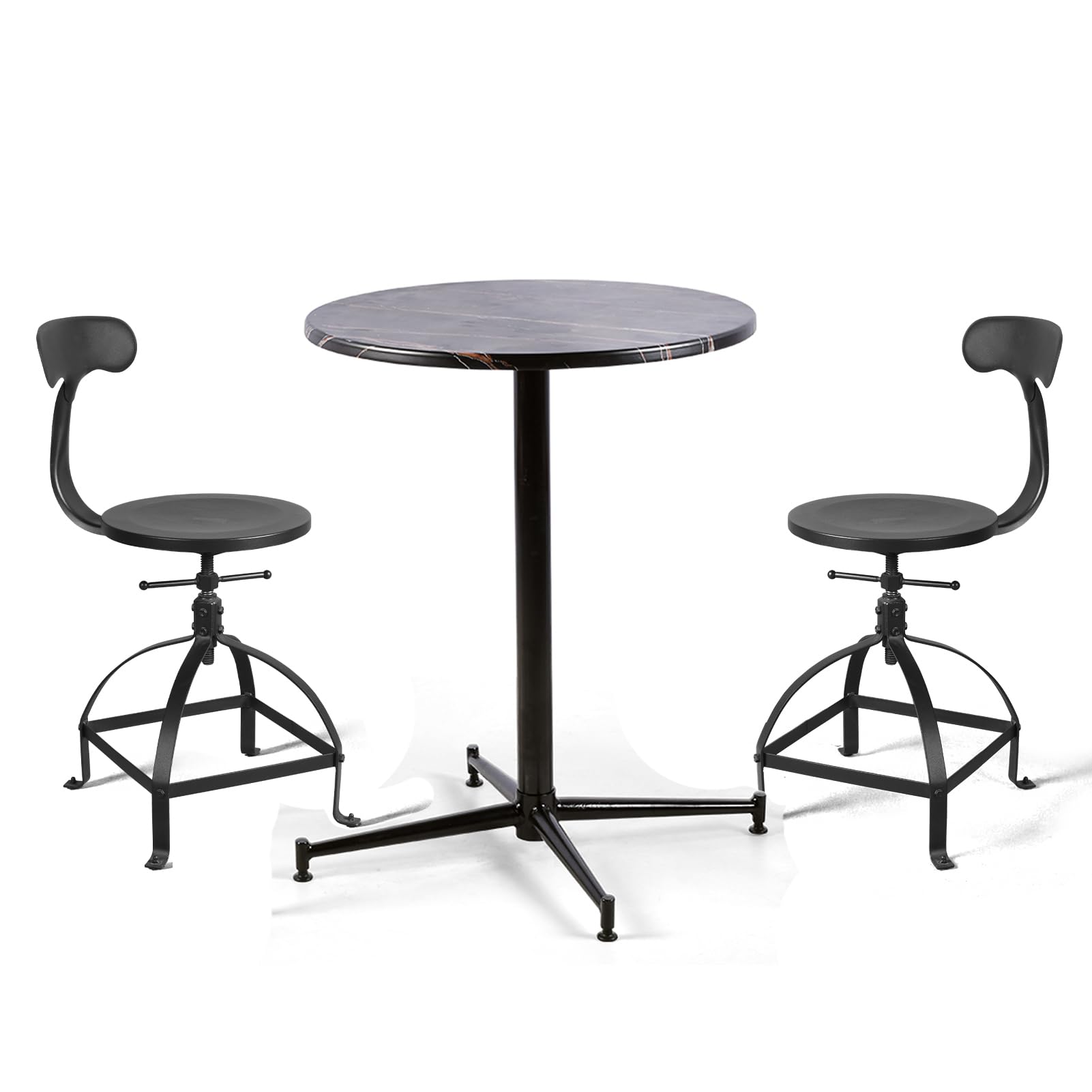 Patio Balcony Frontporch Bar Set, 3-Piece Bar Pub Table & Stools Set, Indoor-Outdoor, 27.5" Round Marble Top Garden Coffee Table 29.5" Tall, with 2 Adjustable Metal Backrest Stools, Space-Saving, Weld
