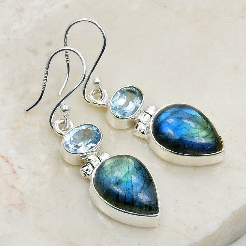Mystic Princess' Sterling Silver Labradorite Earrings, Blue Topaz Dangle Earrings