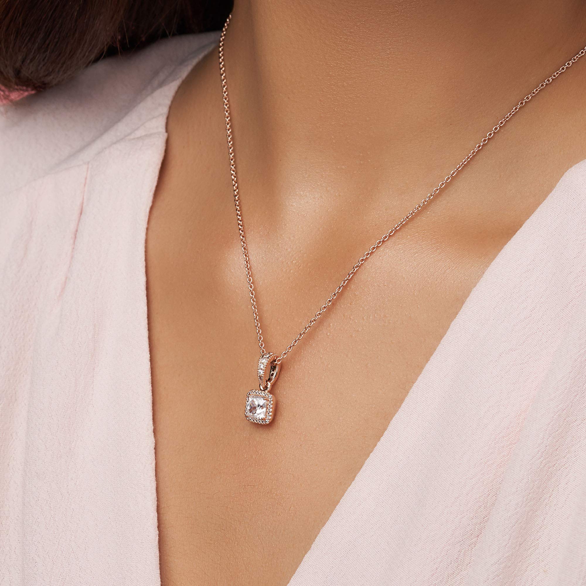 Pandora Jewelry Square Sparkle Halo Cubic Zirconia Necklace in Rose