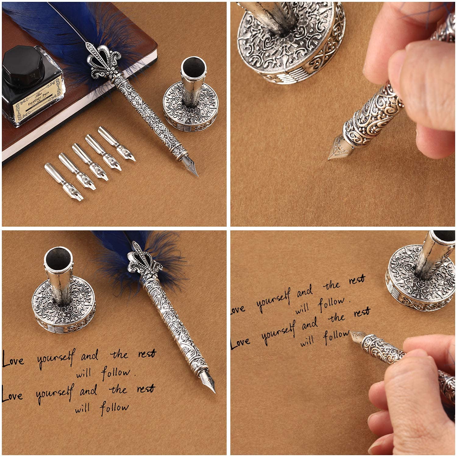 Quill Pen, Handmade Quill Feather Pen Set Antique Calligraphy Writing Quill Pen with Ink, Feather Pen with Ink and Steel Tips Calligraphy Set Quill Pen,6 Replacement Nibs/Contains ink(Navy Blue)1