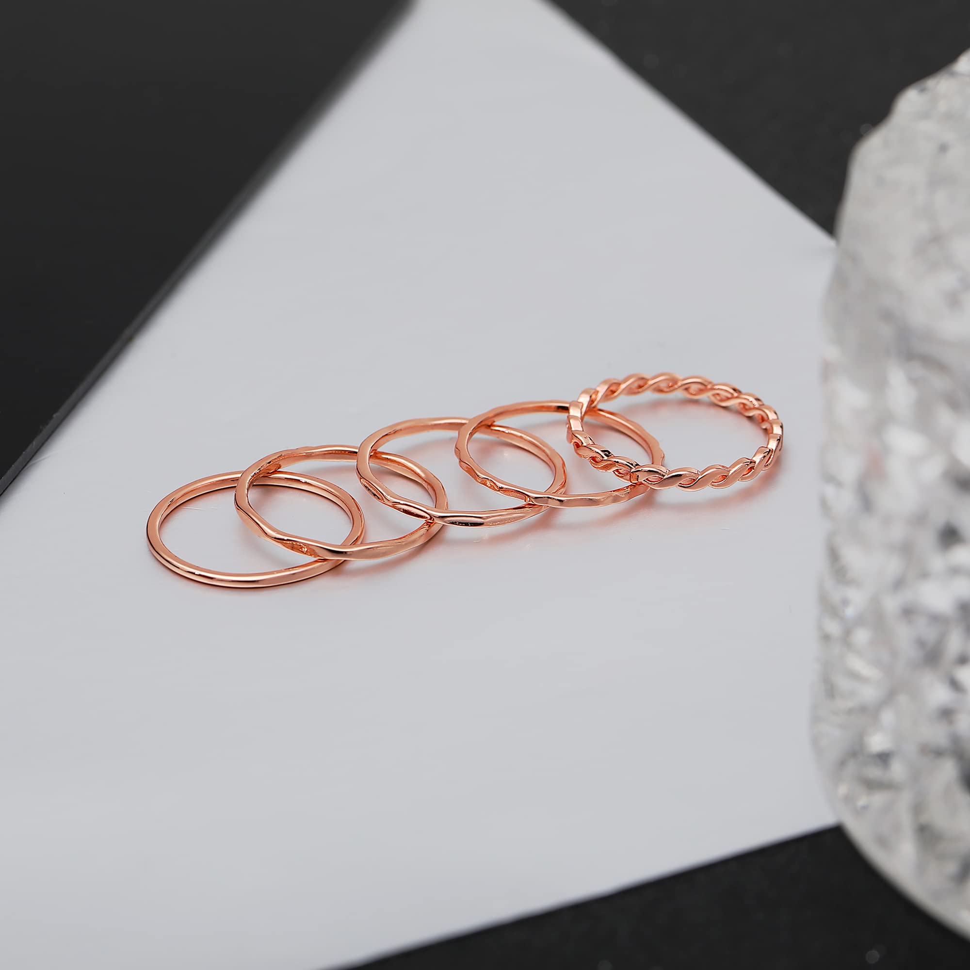 TOBENY 5PCS 14K Rose Gold Plated Rings Stacking Rings for Women Stackable Plain Band Ring Knuckle Thin Rose Gold Ring Size 5-9