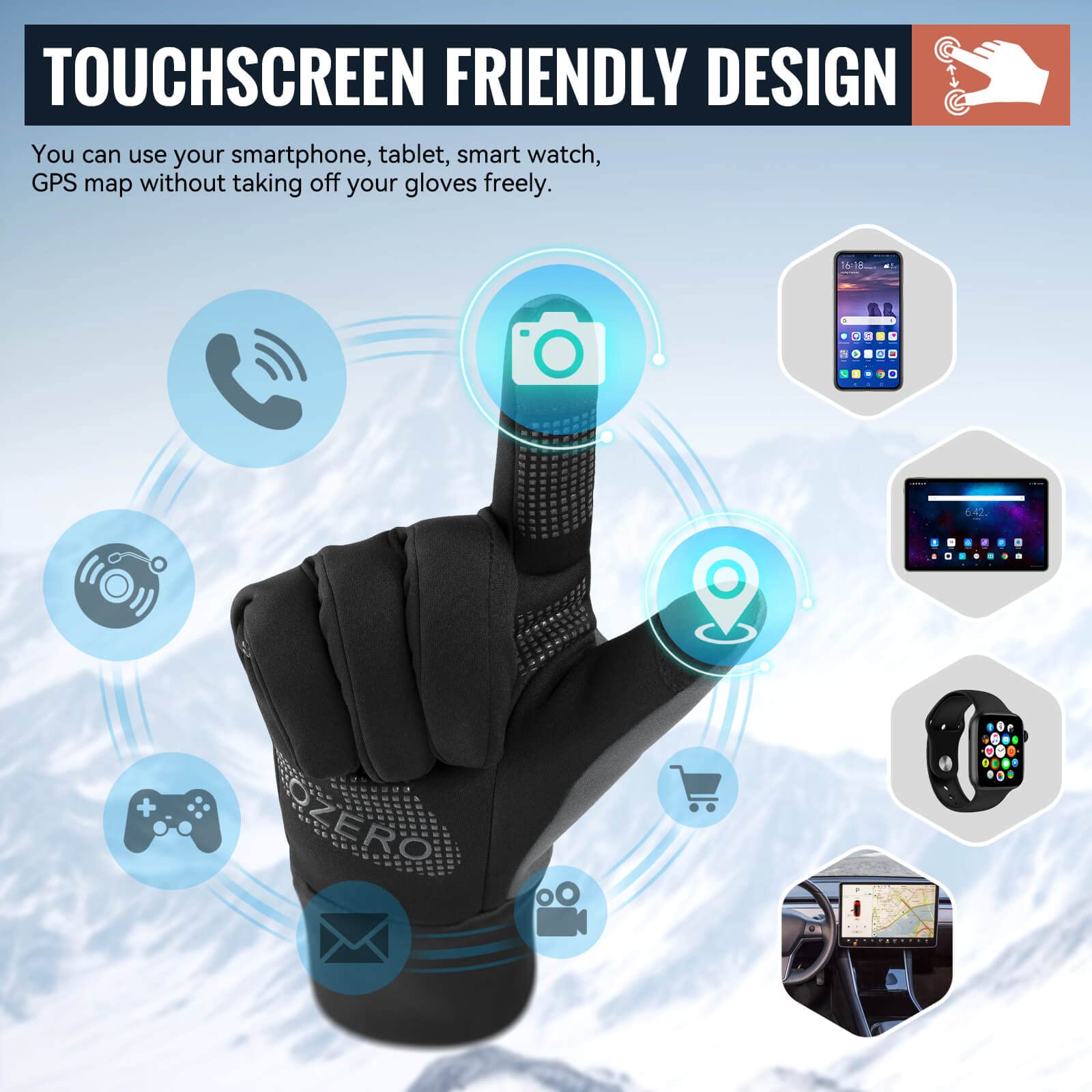 OZERO Bike Gloves for Men, Winter Warm Touch Glove for Texting with Non-Slip Silicone Gel - Thermal Windproof and Waterproof for Running, Cycling, Driving - Black (Medium)