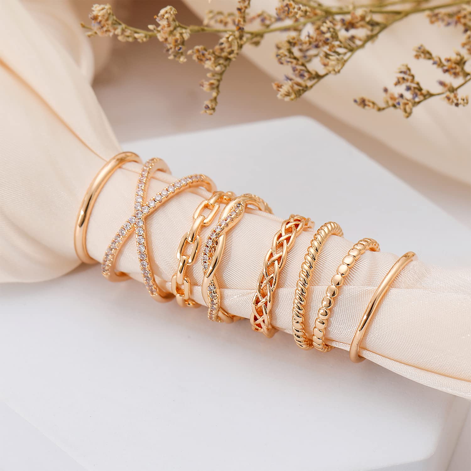 TOBENY 8PCS 14K Plated Gold Rings for Women Stackable Knuckle Rings Gold Silver Size 4 to Size 11 Rings 1.5mm- 3.8mm Midi Stacking Eternity Wedding Rings