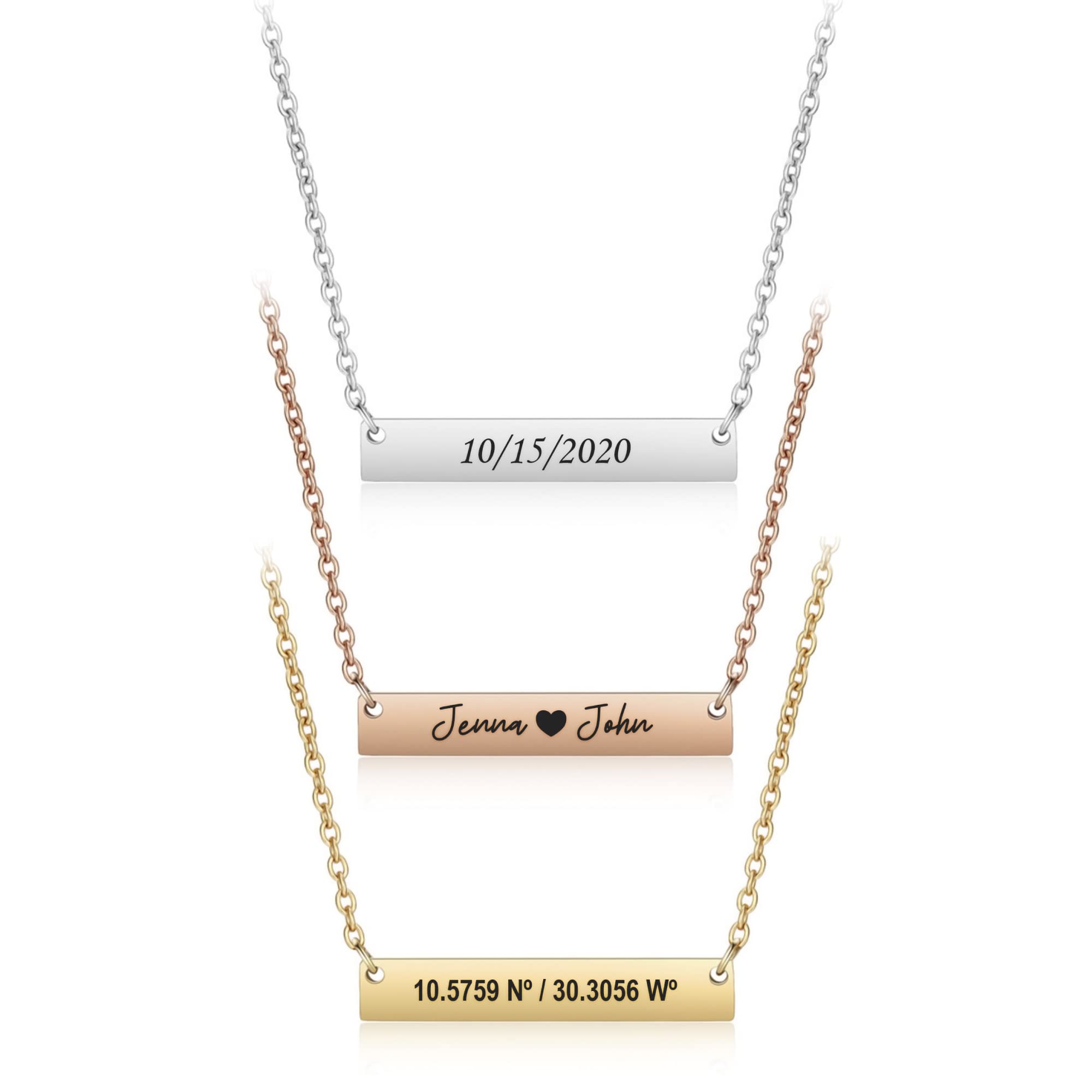 Personalized bar necklace for women, custom engraved stainless steel name plate necklace gift gold, silver and rose gold for mothers day, coordinates, dates, roman numeral, friendship, christmas