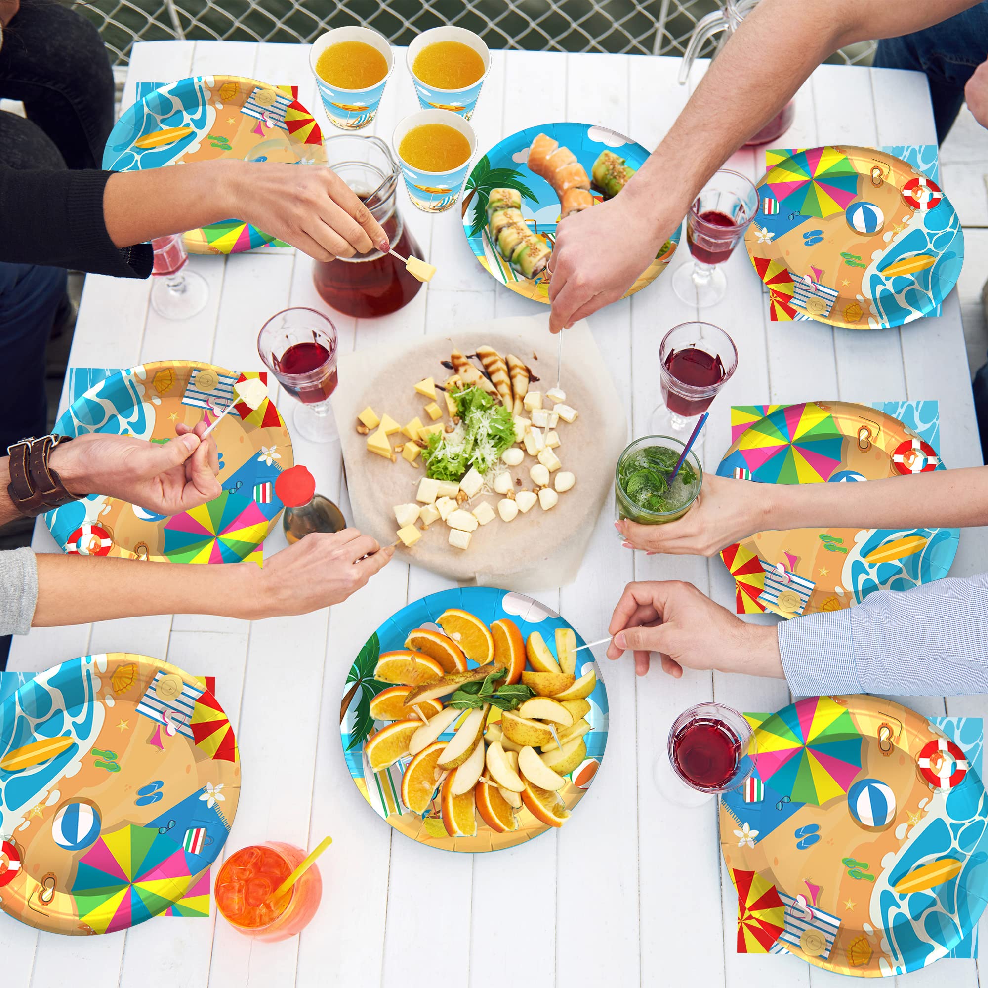 Oigco 96PCS Beach Party Supplies Summer Pool Plates Napkins Cups Tableware Set for Beach Birthday Party Decorations 24 Guests