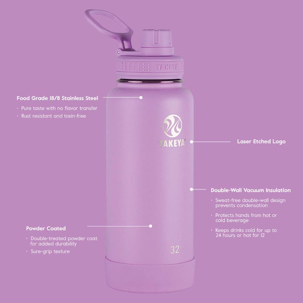 Takeya Actives 24 oz Vacuum Insulated Stainless Steel Water Bottle with Spout Lid, Premium Quality, Lilac