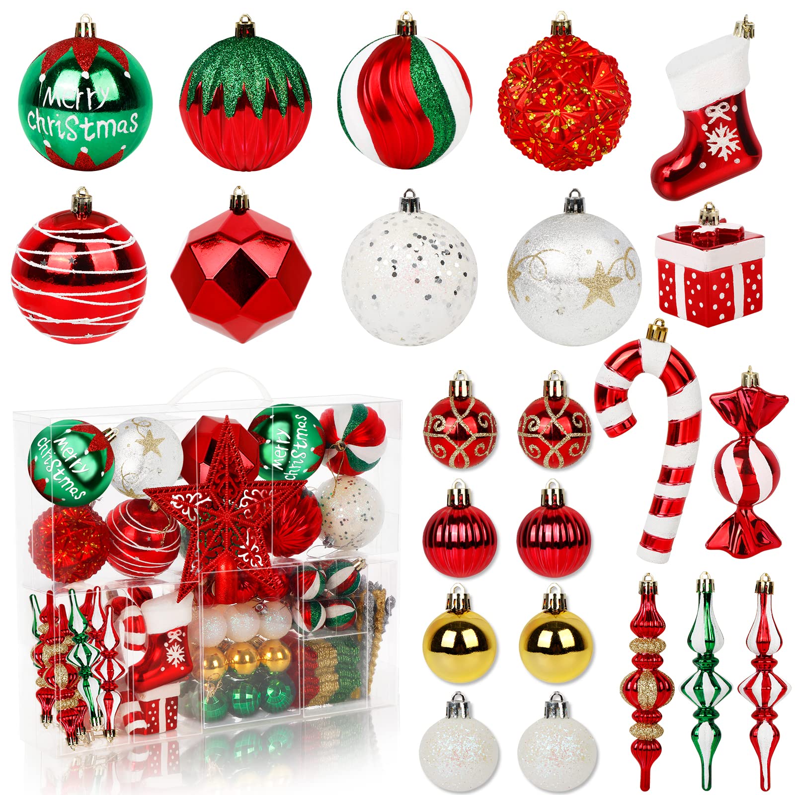 OurWarm 106pcs Christmas Tree Ornaments Giant Christmas Balls Ornaments Set, Red Green Gold Shatterproof Plastic Christmas Ball with Hand-held Package for Holiday Hanging Tree Decorations Multicolor