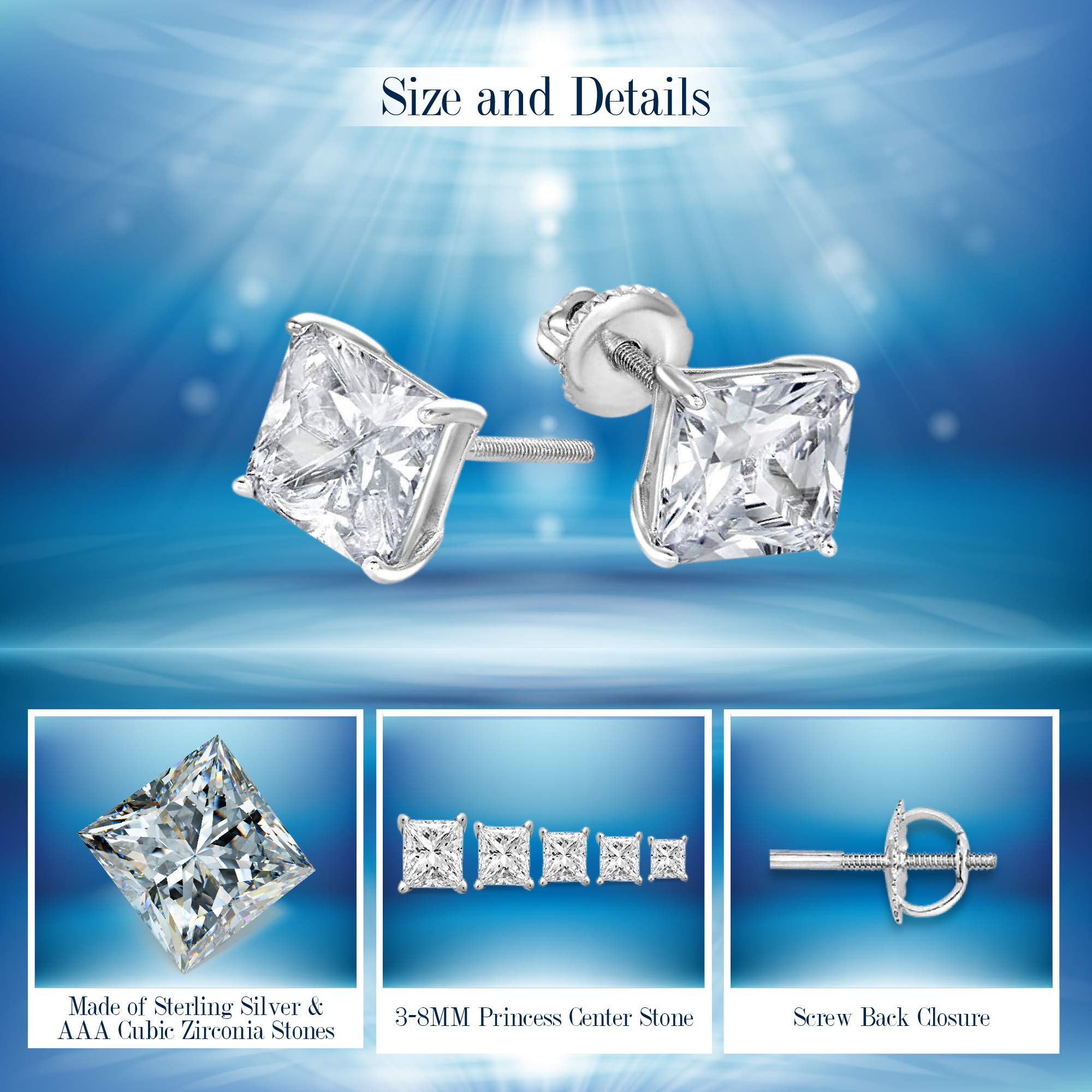 NYC Sterling Unisex Princess Cubic Zirconia Screw Back Stud Earring 3 to 8 MM (4MM)