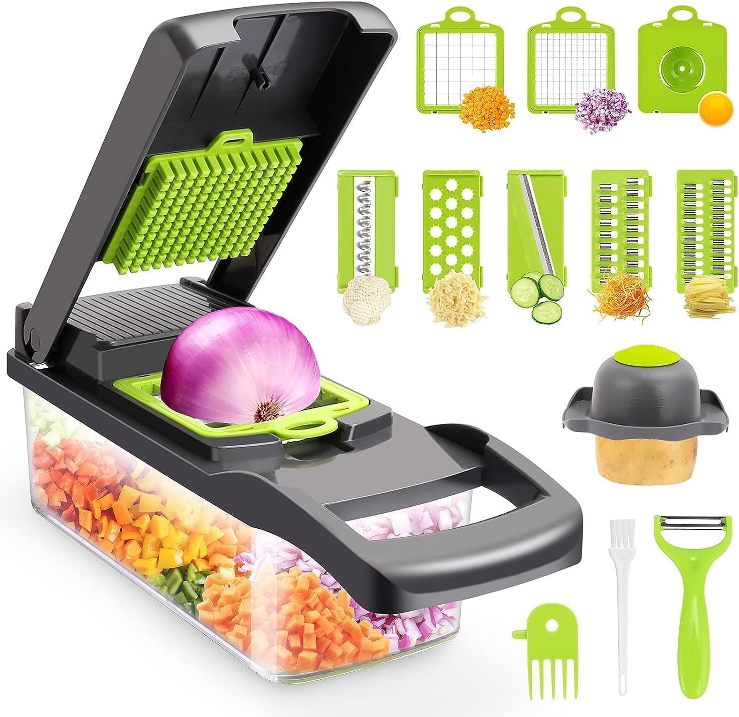 Vegetable Chopper Onion Chopper, Multifunctional 13 in 1 Food Chopper, Professional Mandoline Slicer for Kitchen Veggie Cutter Dicer With 8 Blades, Potato Tomato Carrot Garlic Chopper with Container