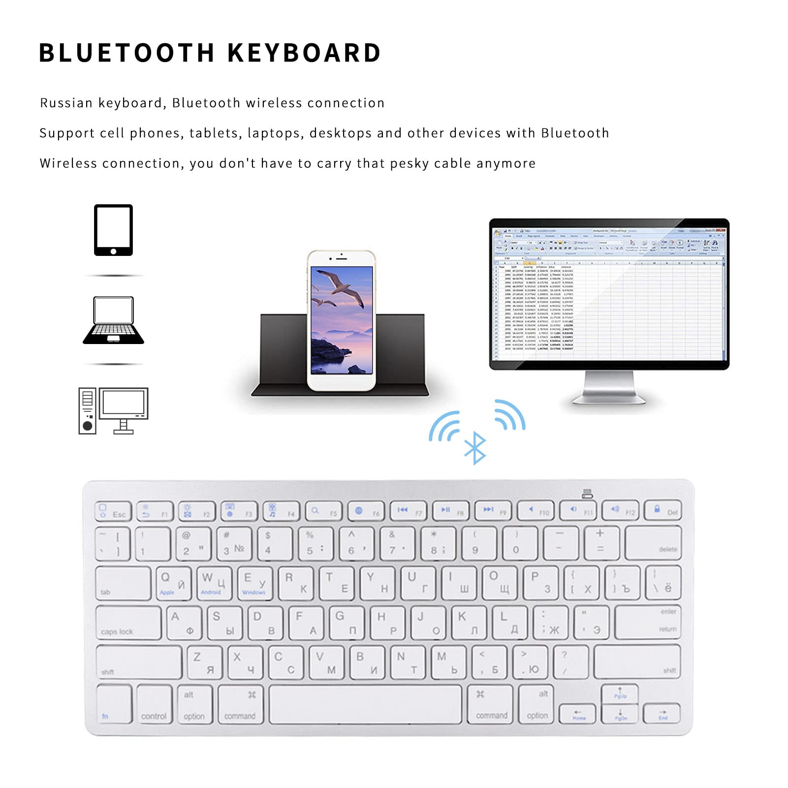 Russian Wireless BT Keyboard,Multi-Functional Ultra-Thin Professional Brightness Adjustment Keyboard,for iOS Mobile Phone/for Windows/for Android