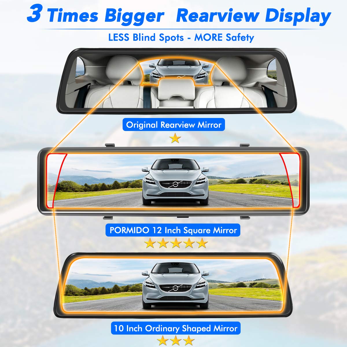 PORMIDO 2.5K Mirror Dash Cam Backup Camera 12" Large Full Touch Screen Front and Rear View Camera HD Waterproof Back up Car Camera 170° Wide Angle,GPS,Starlight Night Vision,Parking Monitor,SD Card