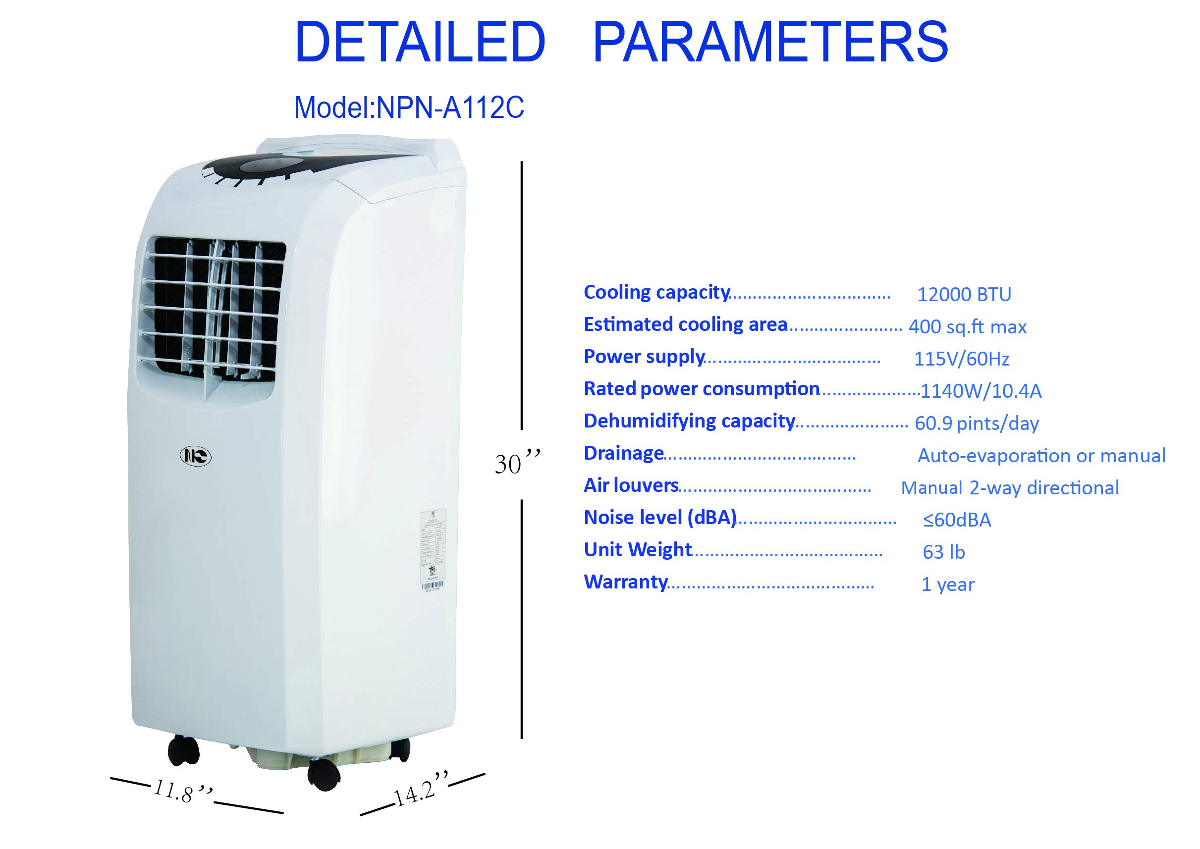 Portable Air Conditioner, 12000 BTU (SACC), 400 sq.ft, Standing Room AC Unit with LED Display, Remote Control and 24-Hour ON/OFF Programmable Timer, Low Noise Level, ETL Certified