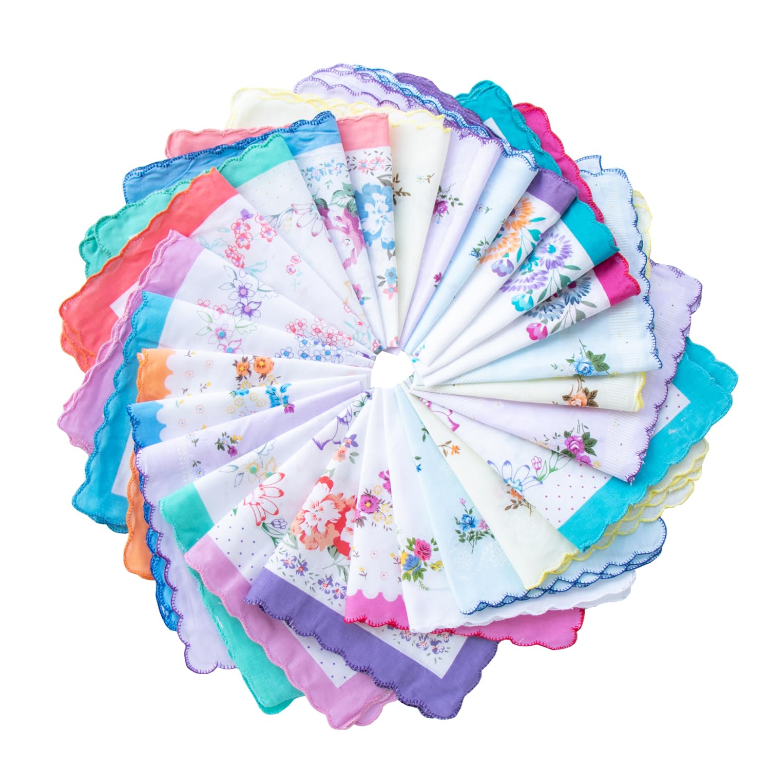MZLIU Womens Girls Vintage Floral Cotton Handkerchiefs with Scalloped Edge Hankies 3PCS