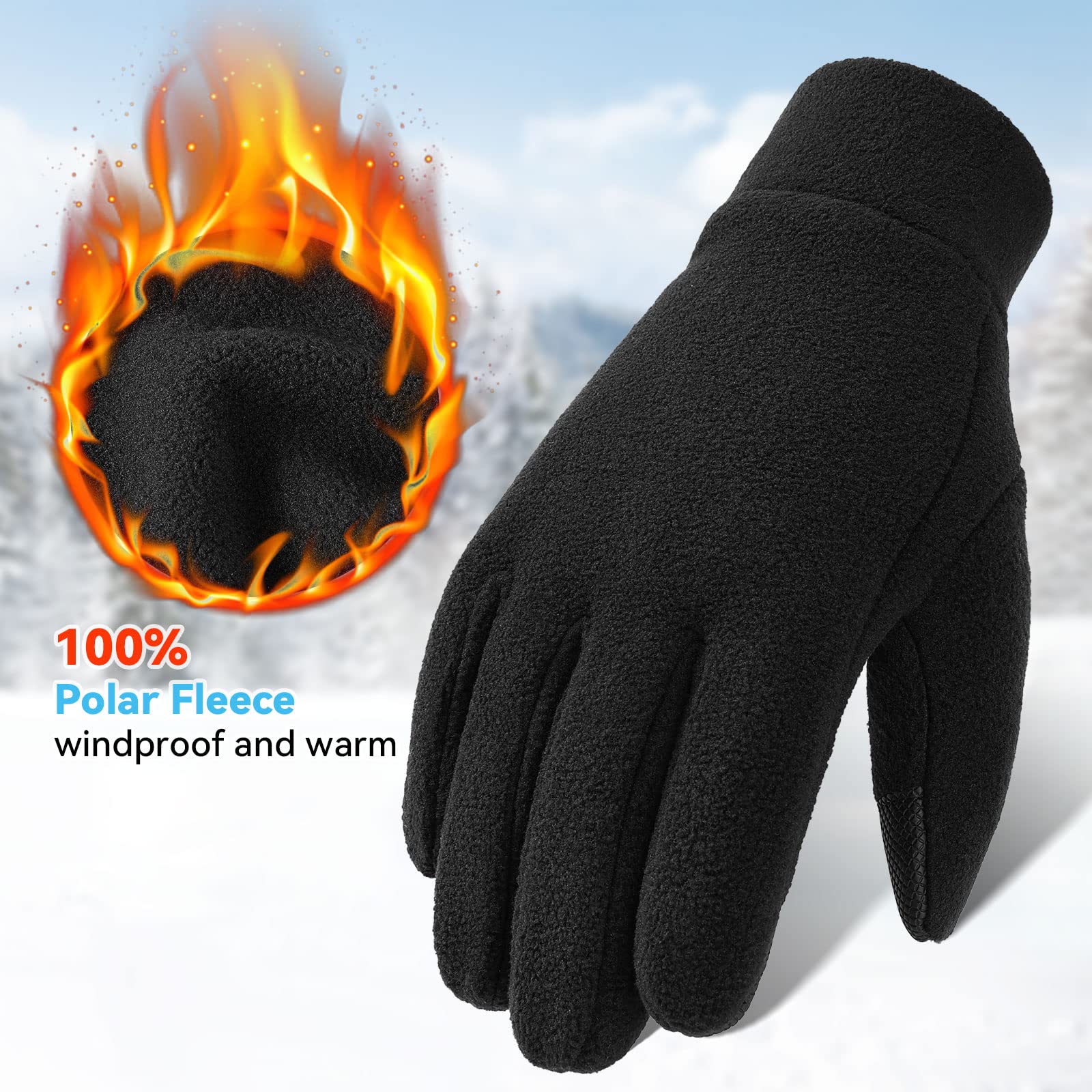 OZERO Warm Gloves Touch Screen Winter Thermal Glove Liners Elastic Cuff Soft Polar Fleece in Cold Weather for Men and Women (Black,Large)