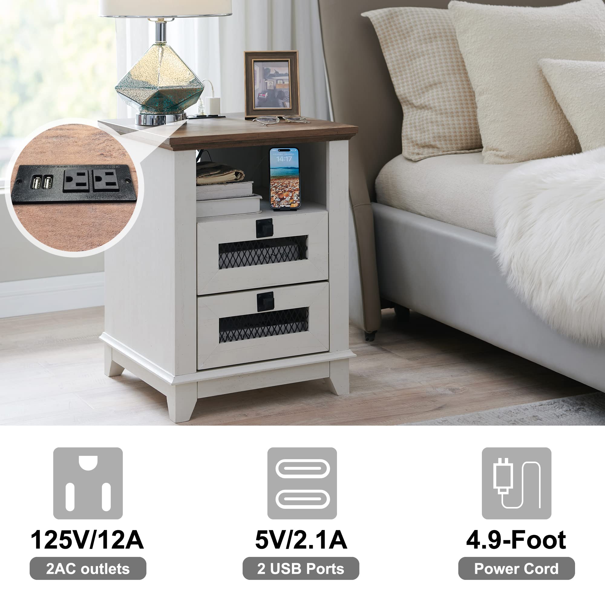 Nightstand with Charging Station,OKD 18'' Industrial & Farmhouse End Table with 2 Drawers & Open Cubby, Rustic Mesh Drawer Sofa Side Table w/Storage for Bedroom, Living Room, Office, Light Rustic Oak