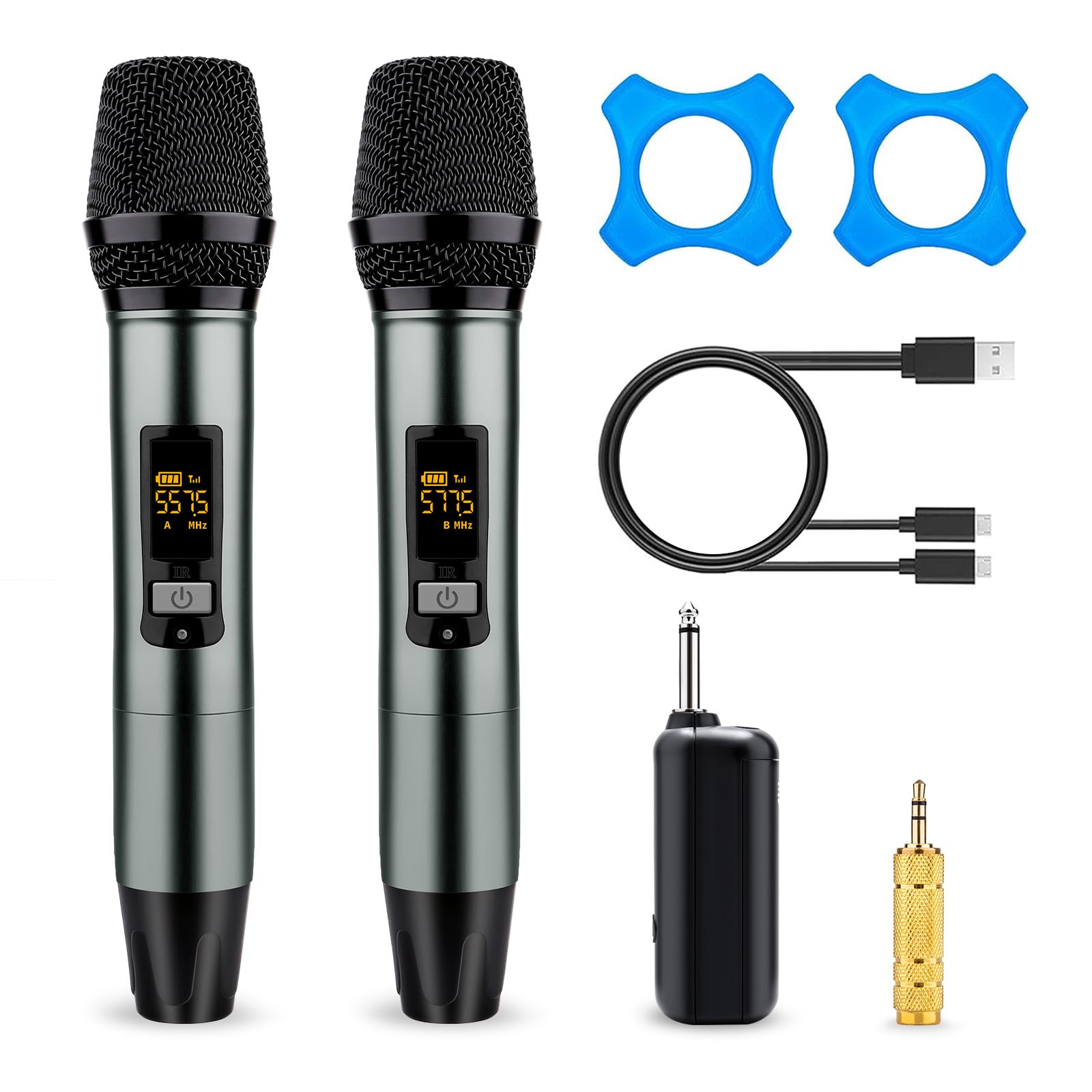 PLINUS Rechargeable Wireless Microphone, UHF Mic with 2 Handheld Dynamic Cordless Microphones with Portable Receiver, 180ft, for Party, Speech, Karaoke Singing, Class, Wedding, DJ, Church