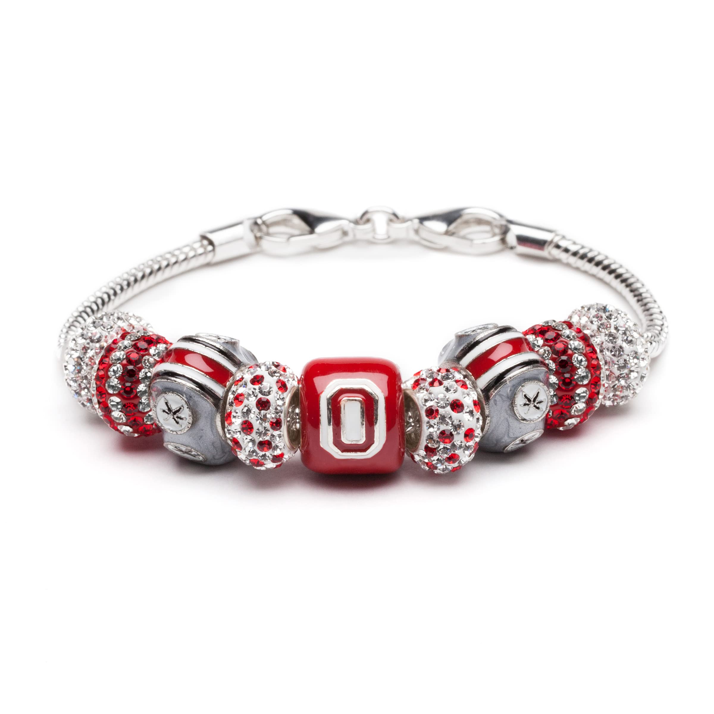 Ohio State Charm Bracelet | Ohio State Block O Bracelet with 5-Leaf and Crystal Charms | OSU Gifts | Officially Licensed Ohio State Jewelry | Ohio State Charms | Stainless Steel