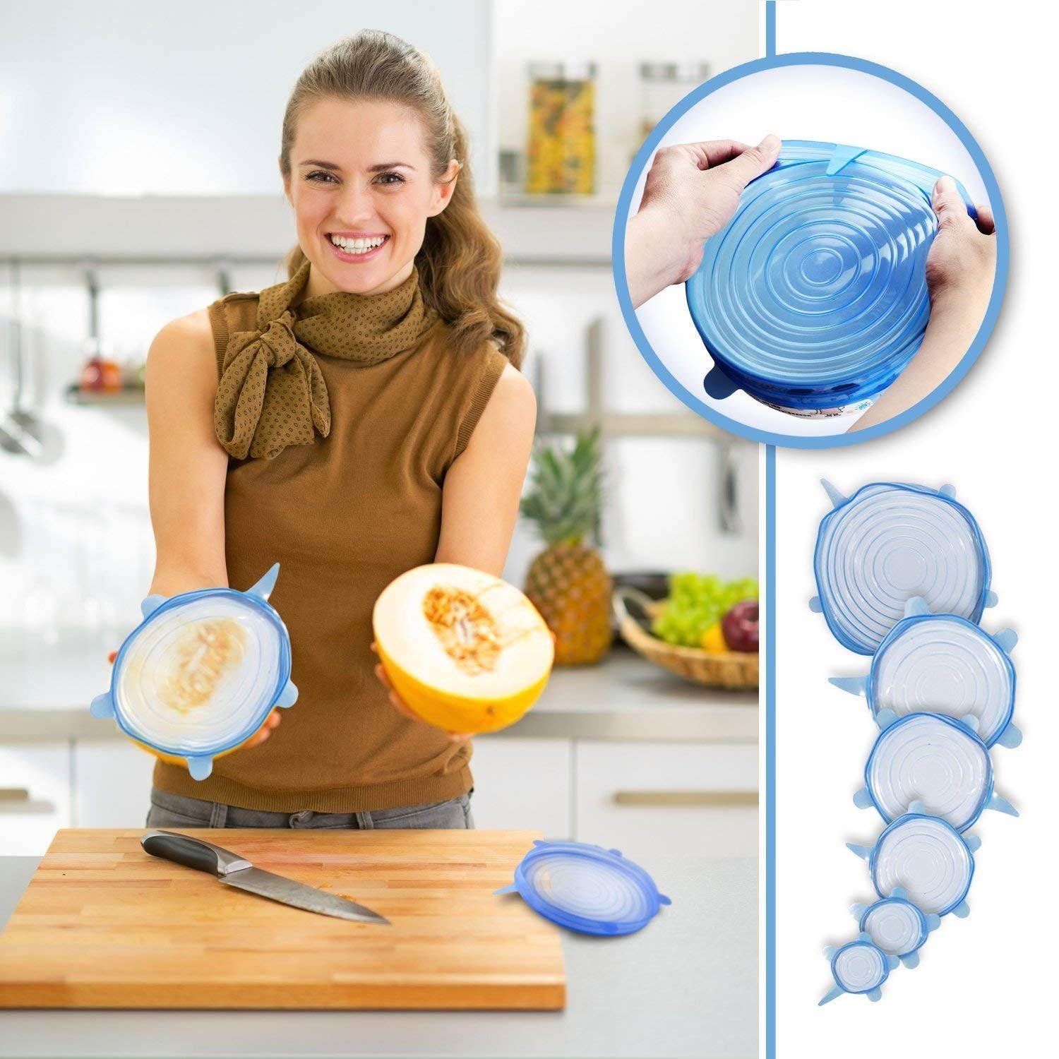 YAZJIWAN Silicone Stretch Lids, Durable & Eco-Friendly Elastic Lids Reusable Heat Resistant Various Sizes Cover for Bowl (Blue-6pack)